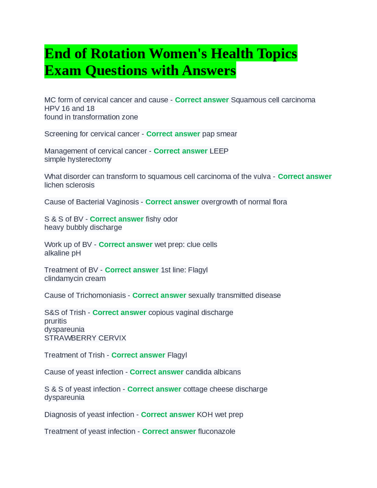 End of Rotation Women's Health Topics Exam Questions with Answers ...