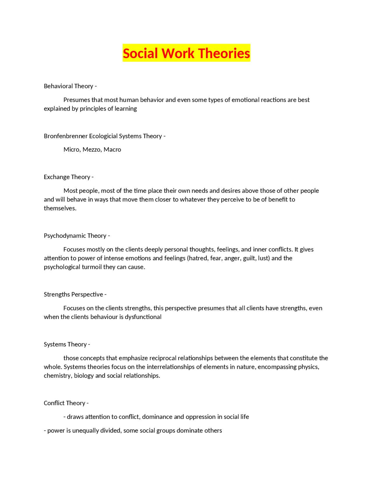 Overview of Social Work Theories | Exams Social Work | Docsity