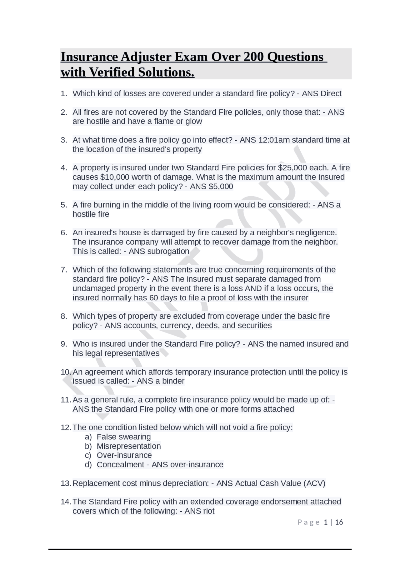 Insurance Adjuster Exam Over 200 Questions with Verified Solutions ...