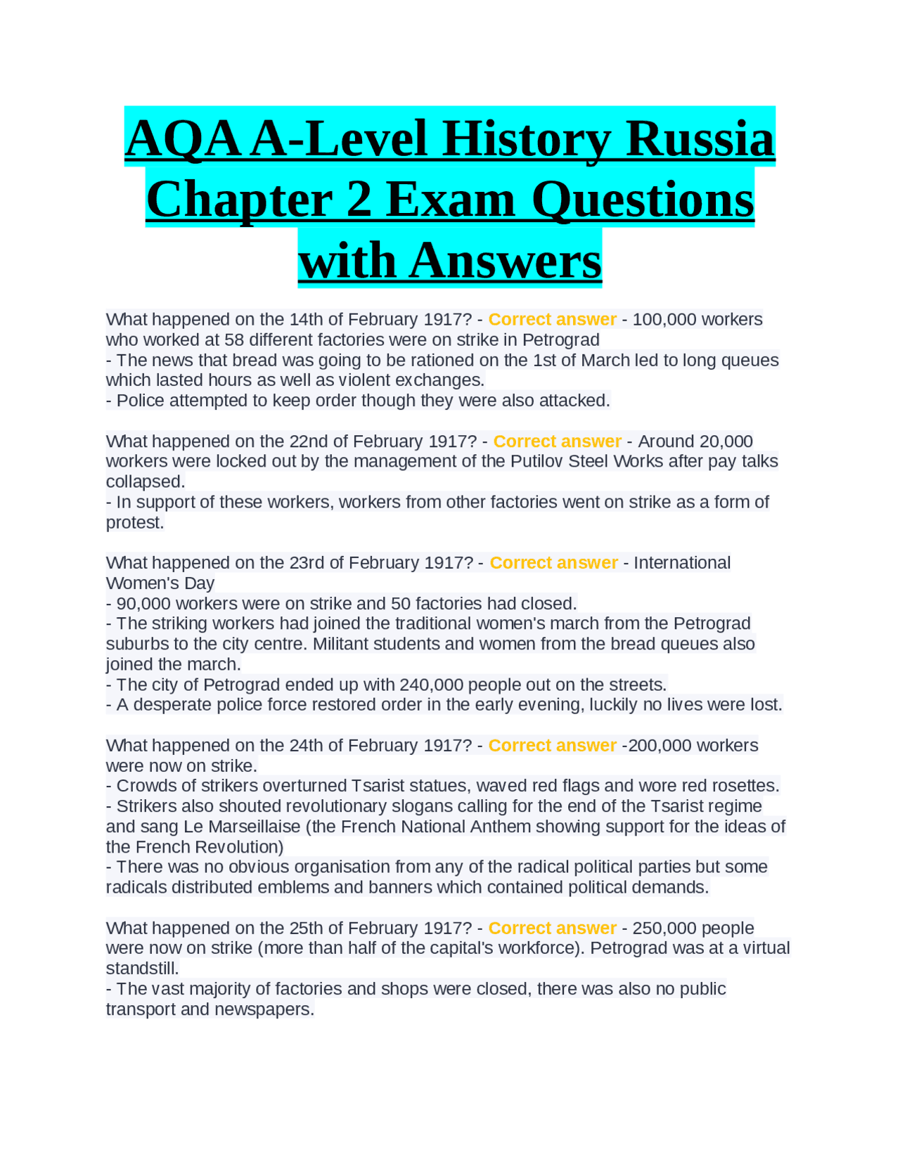 AQA A-Level History Russia: Exam Questions and Answers on the February ...