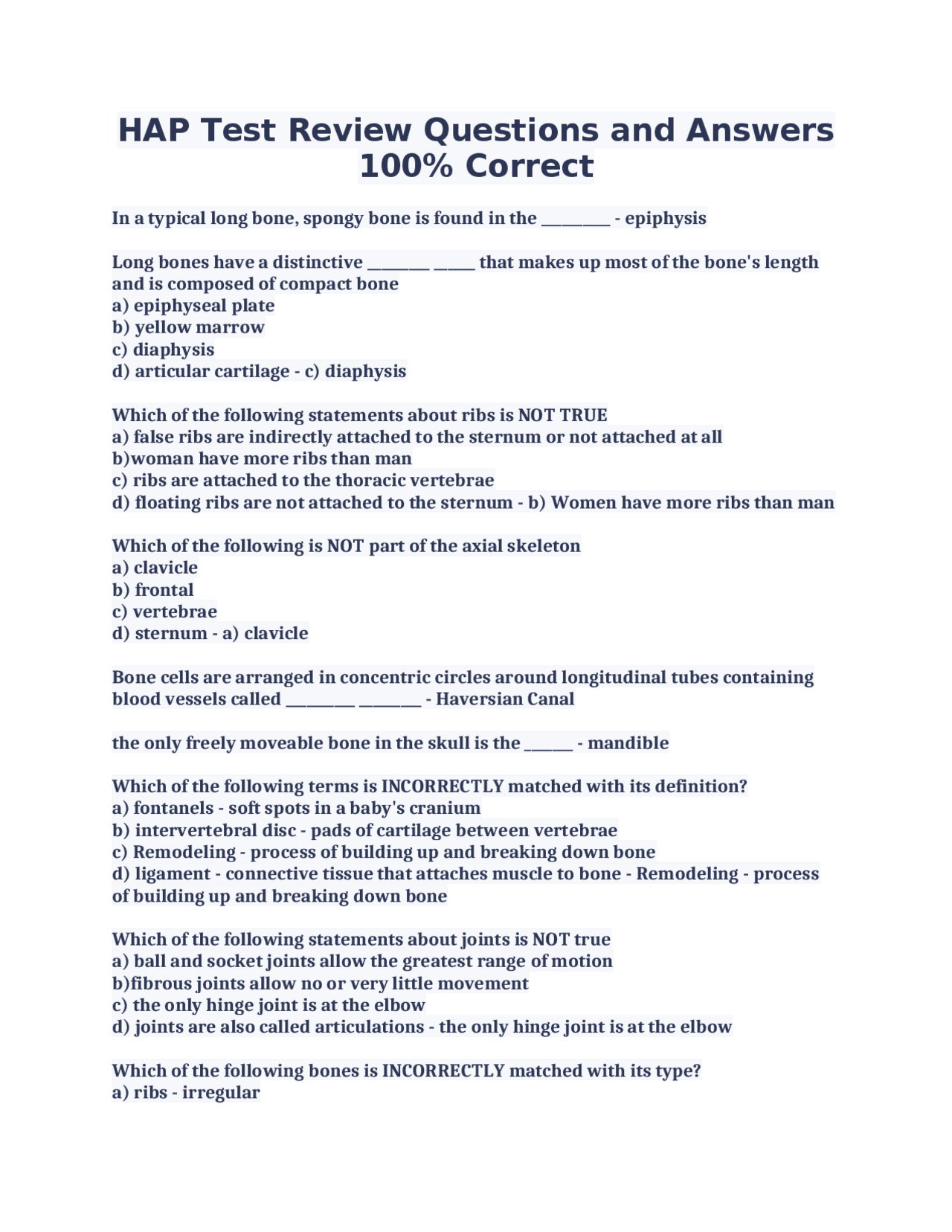 HAP Test: Anatomy and Physiology of Bones and Joints | Exams Nursing ...