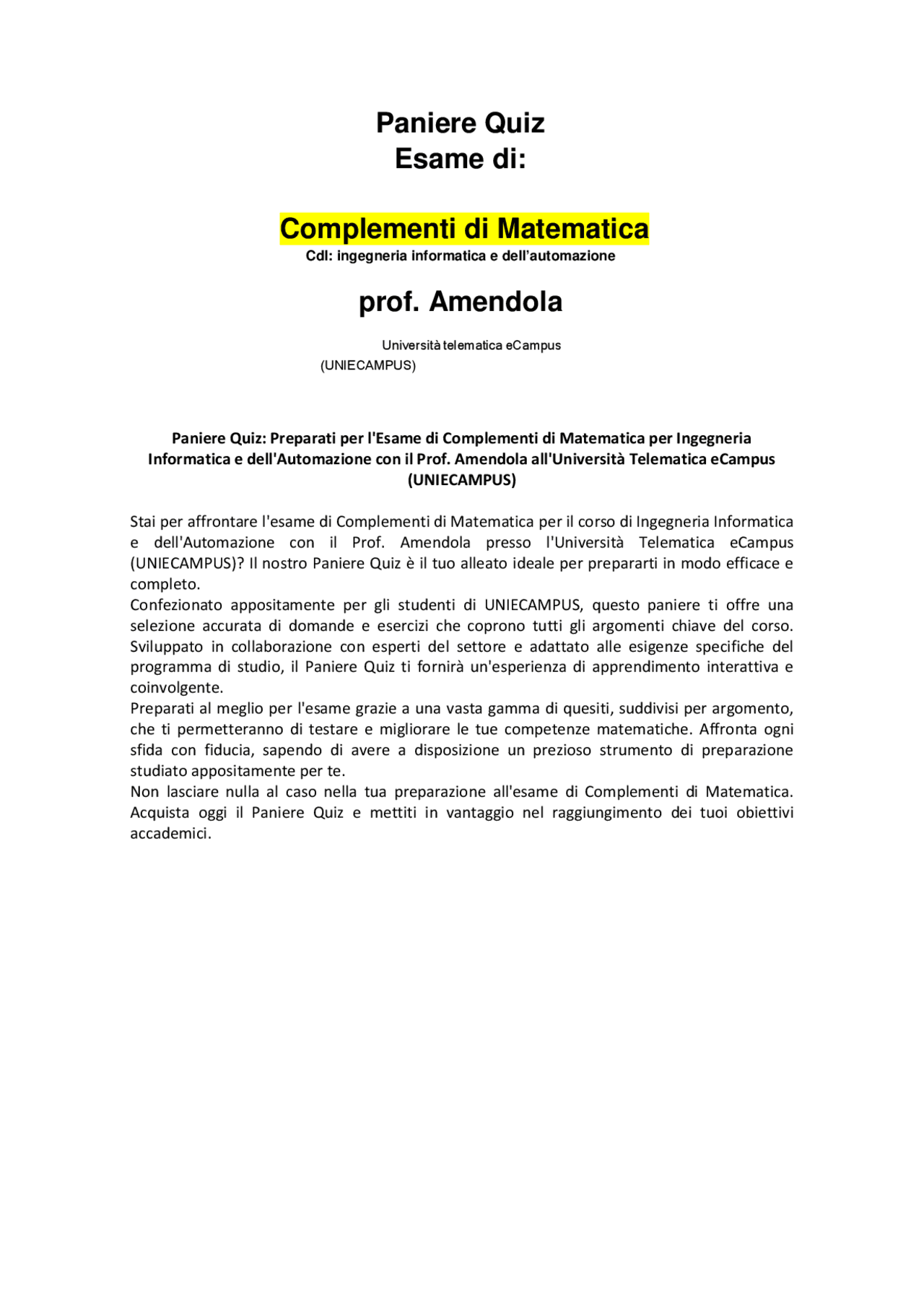Complementi di Matematica prof Amendola Quiz | Panieri di Complementi ...