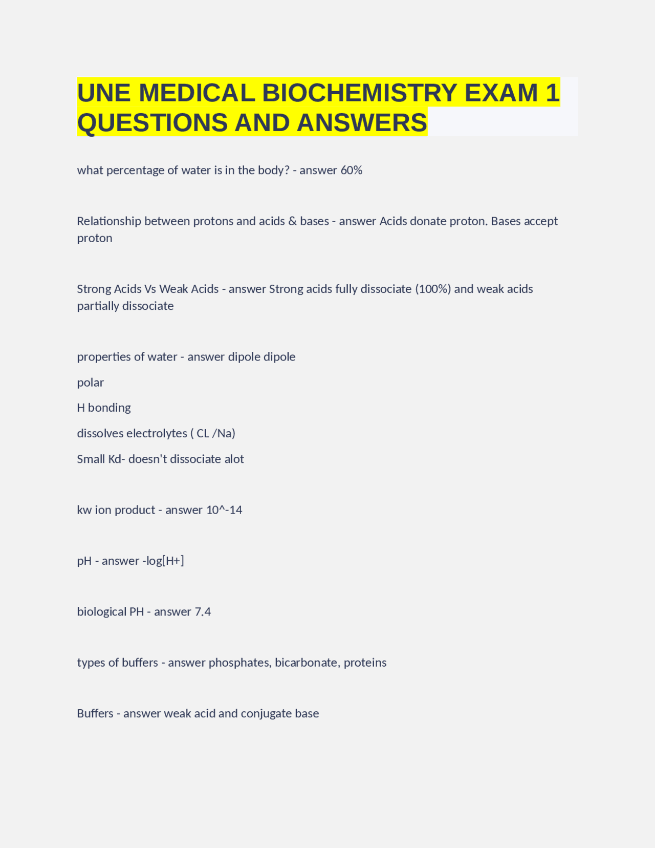 UNE MEDICAL BIOCHEMISTRY EXAM 1 QUESTIONS AND ANSWERS | Exams Biochemistry | Docsity