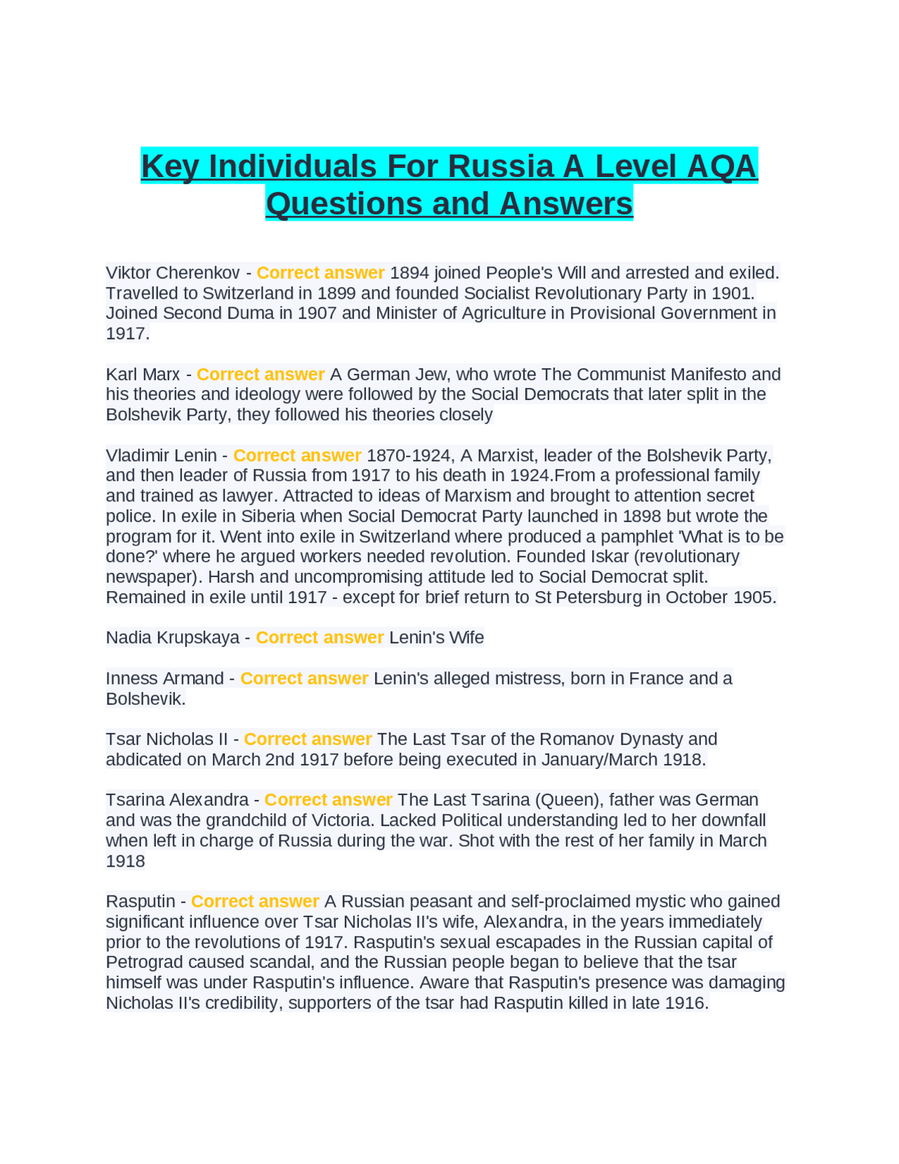 Key Individuals For Russia A Level AQA Questions and Answers | Exams ...