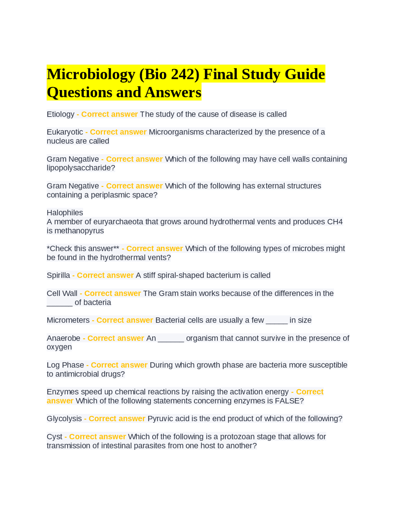 Microbiology (Bio 242) Final Study Guide Questions and Answers | Exams ...