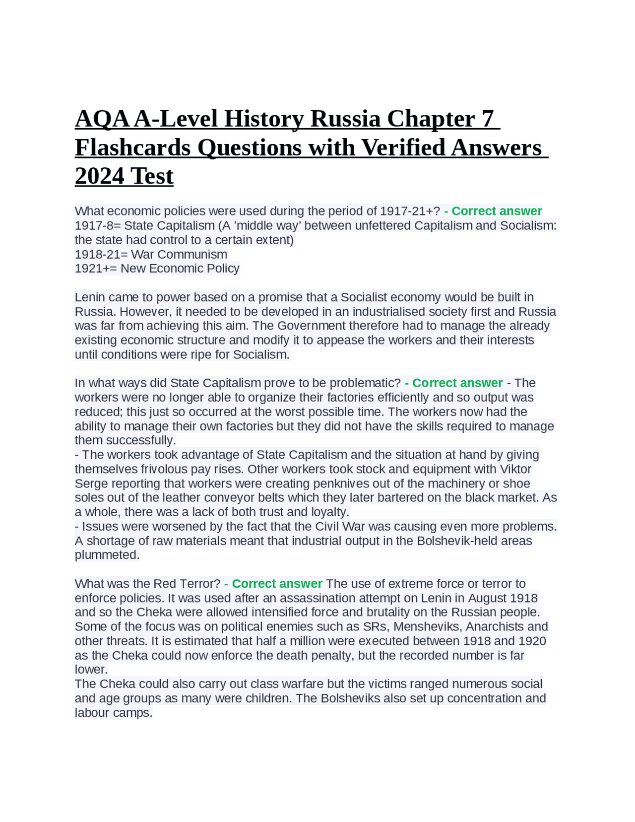 AQA A-Level History Russia Chapter 7 Flashcards Questions with Verified ...