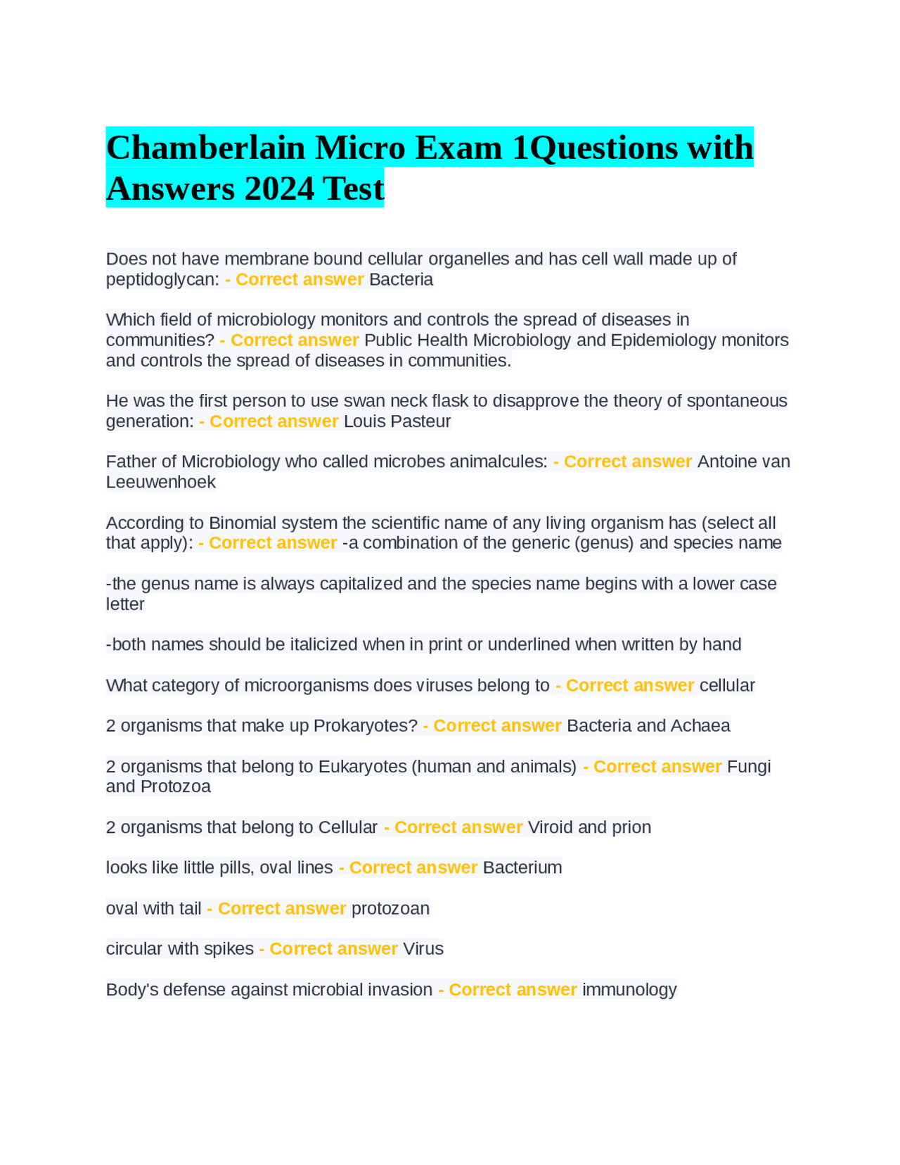 Chamberlain Micro Exam 1Questions with Answers 2024 Test | Exams ...