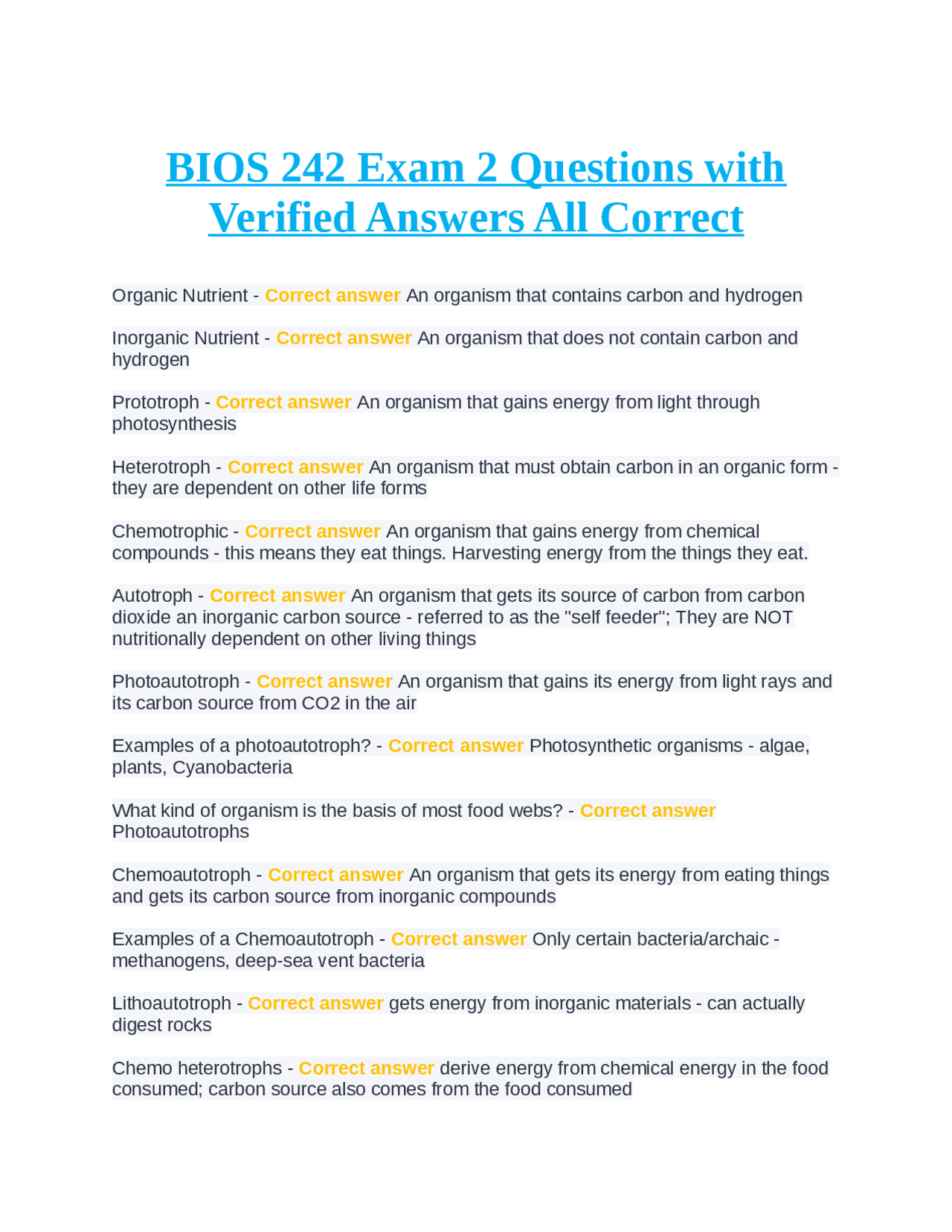 BIOS 242 Exam 2 Questions with Verified Answers All Correct | Exams ...