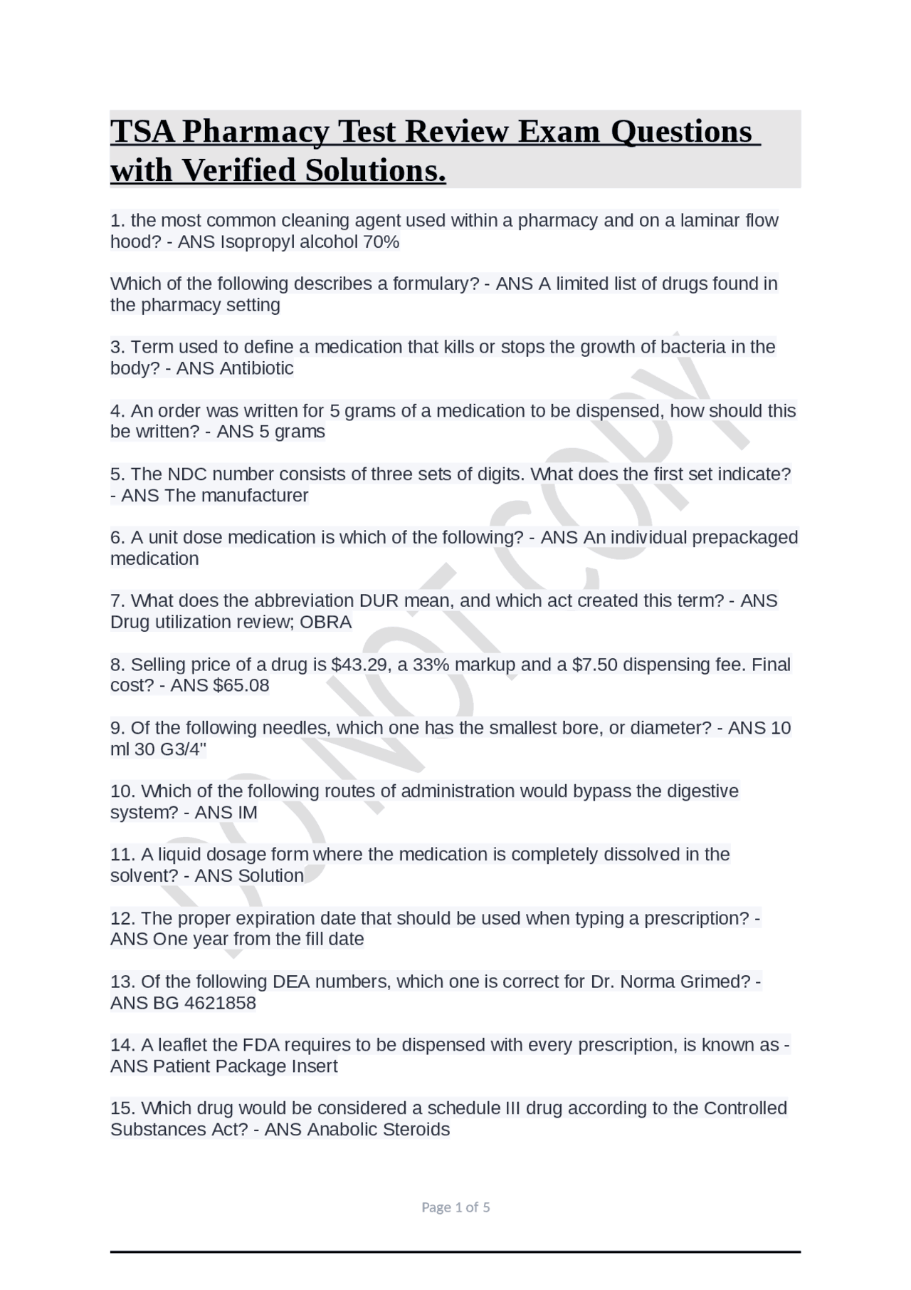 Pharmacy Exam Review Questions with Answers | Exams Pharmacy | Docsity