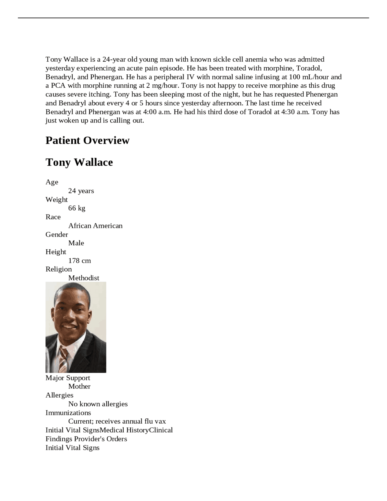 Tony Wallace sickle cell Case | Assignments Nursing | Docsity