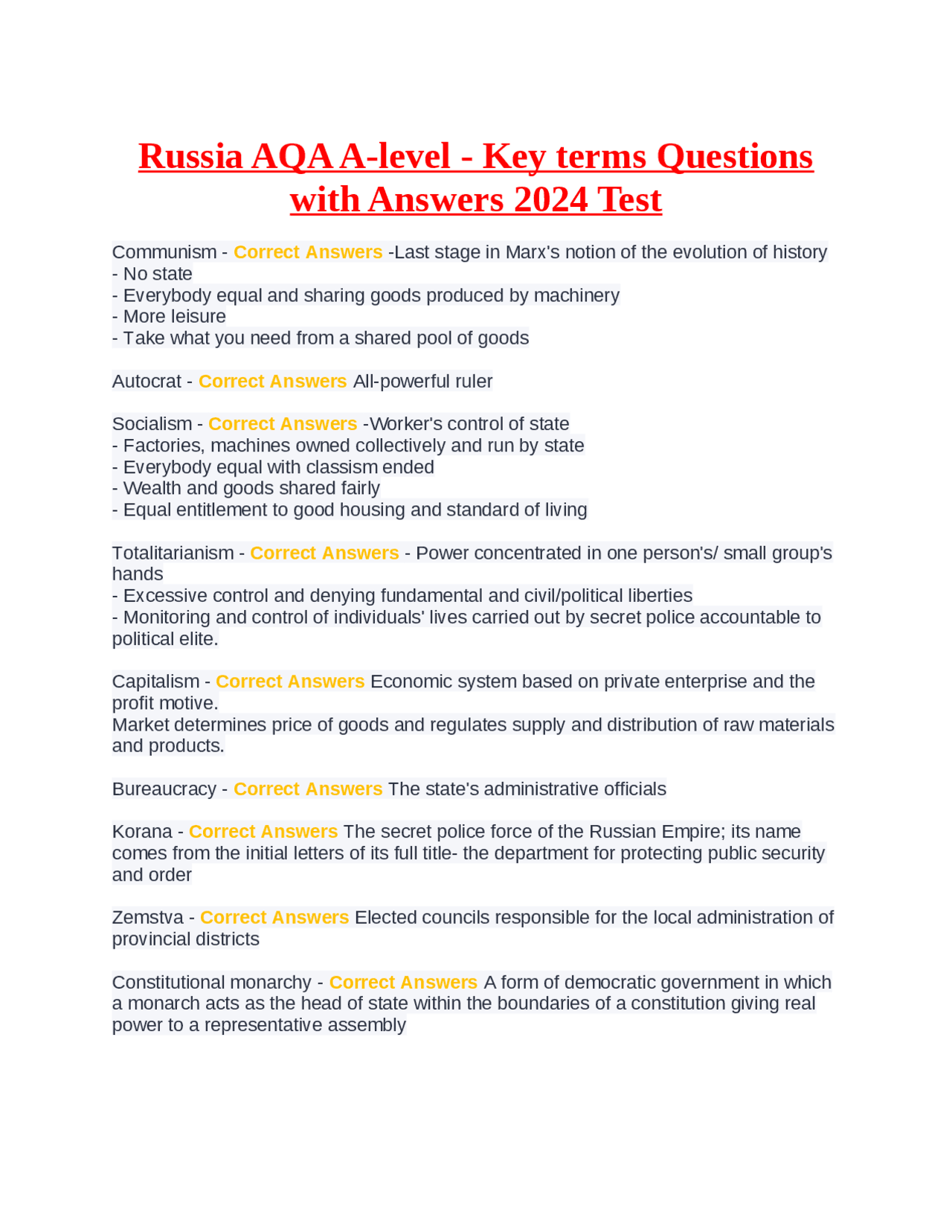 Russia AQA A-level - Key terms Questions with Answers 2024 Test | Exams ...