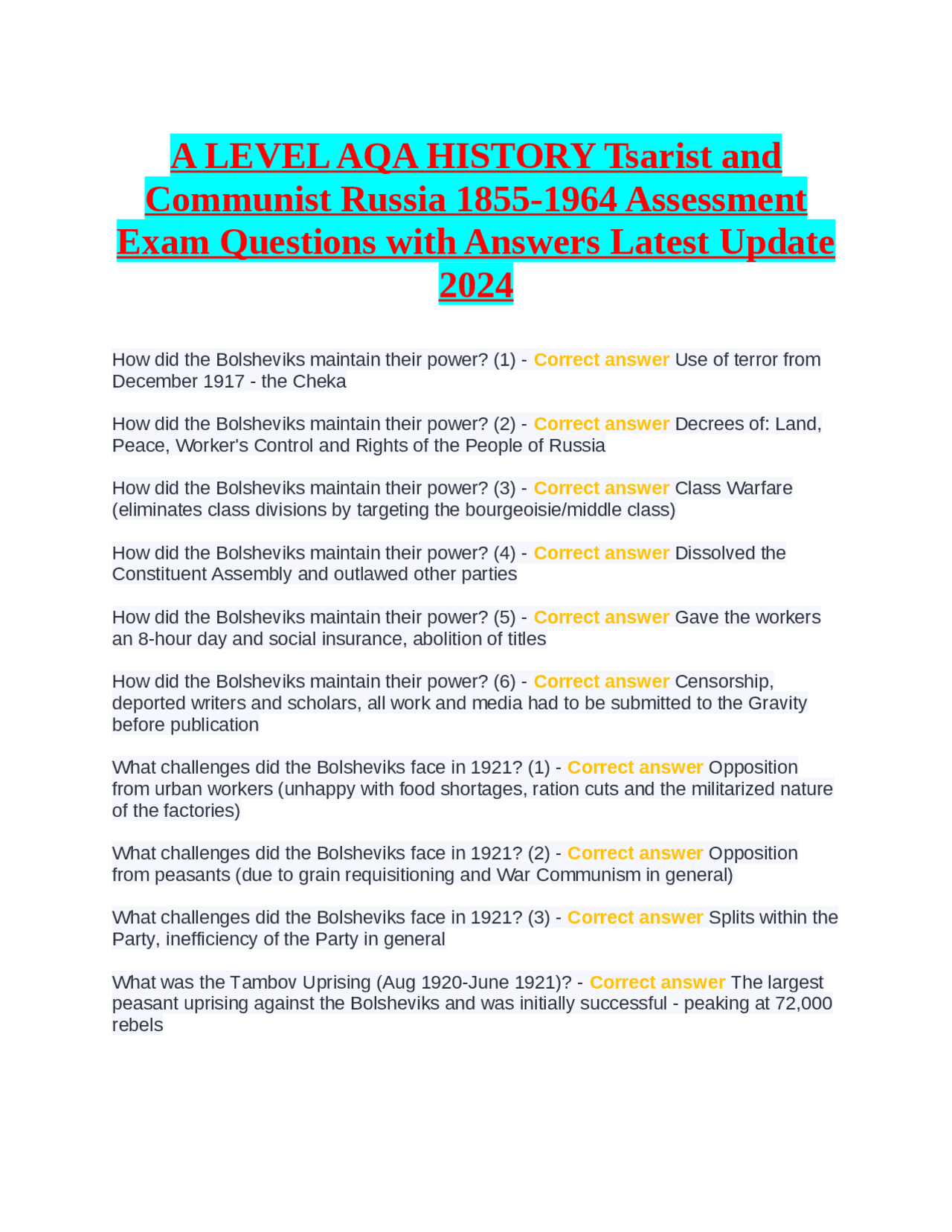 A LEVEL AQA HISTORY Tsarist and Communist Russia 1855-1964 Assessment ...