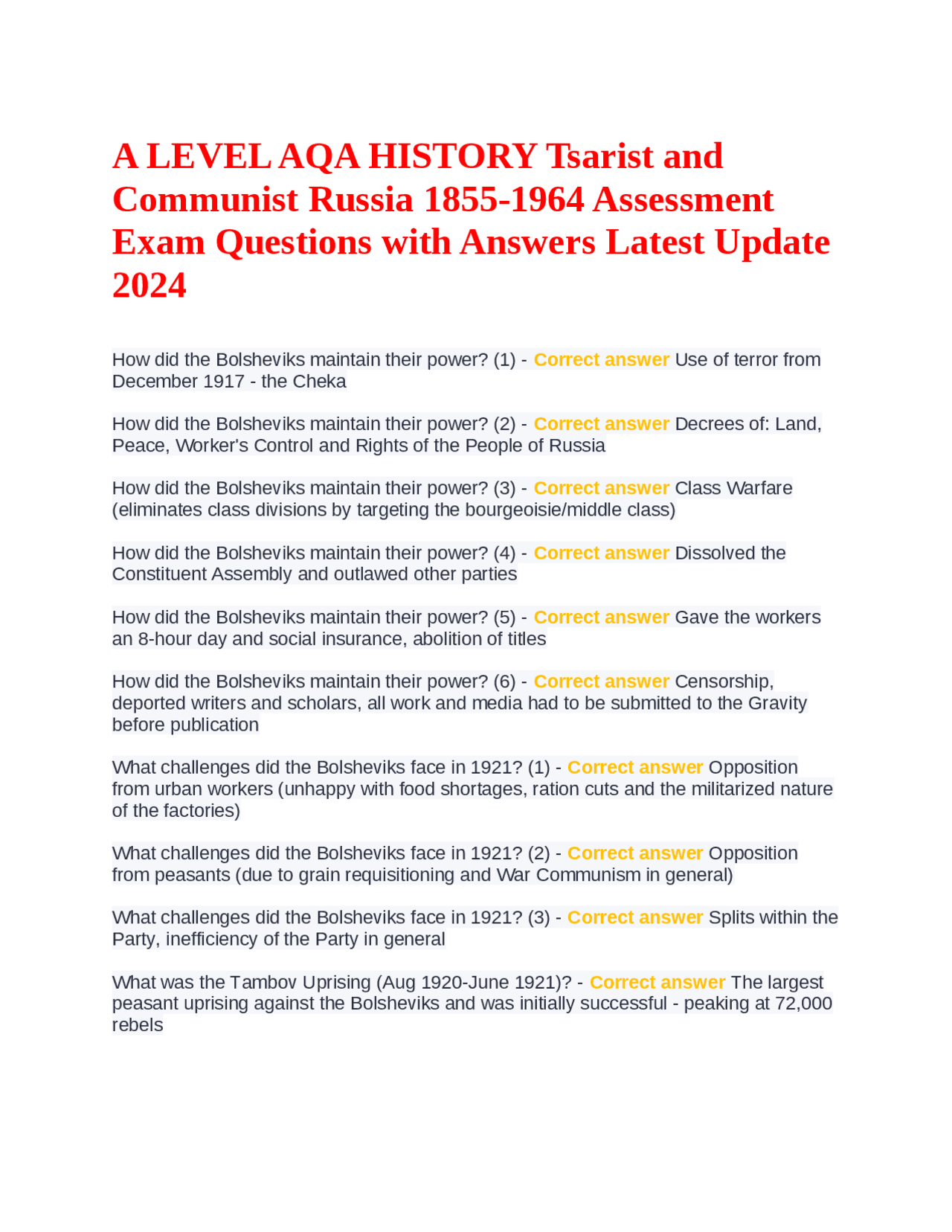 A LEVEL AQA HISTORY Tsarist and Communist Russia 1855-1964 Assessment ...