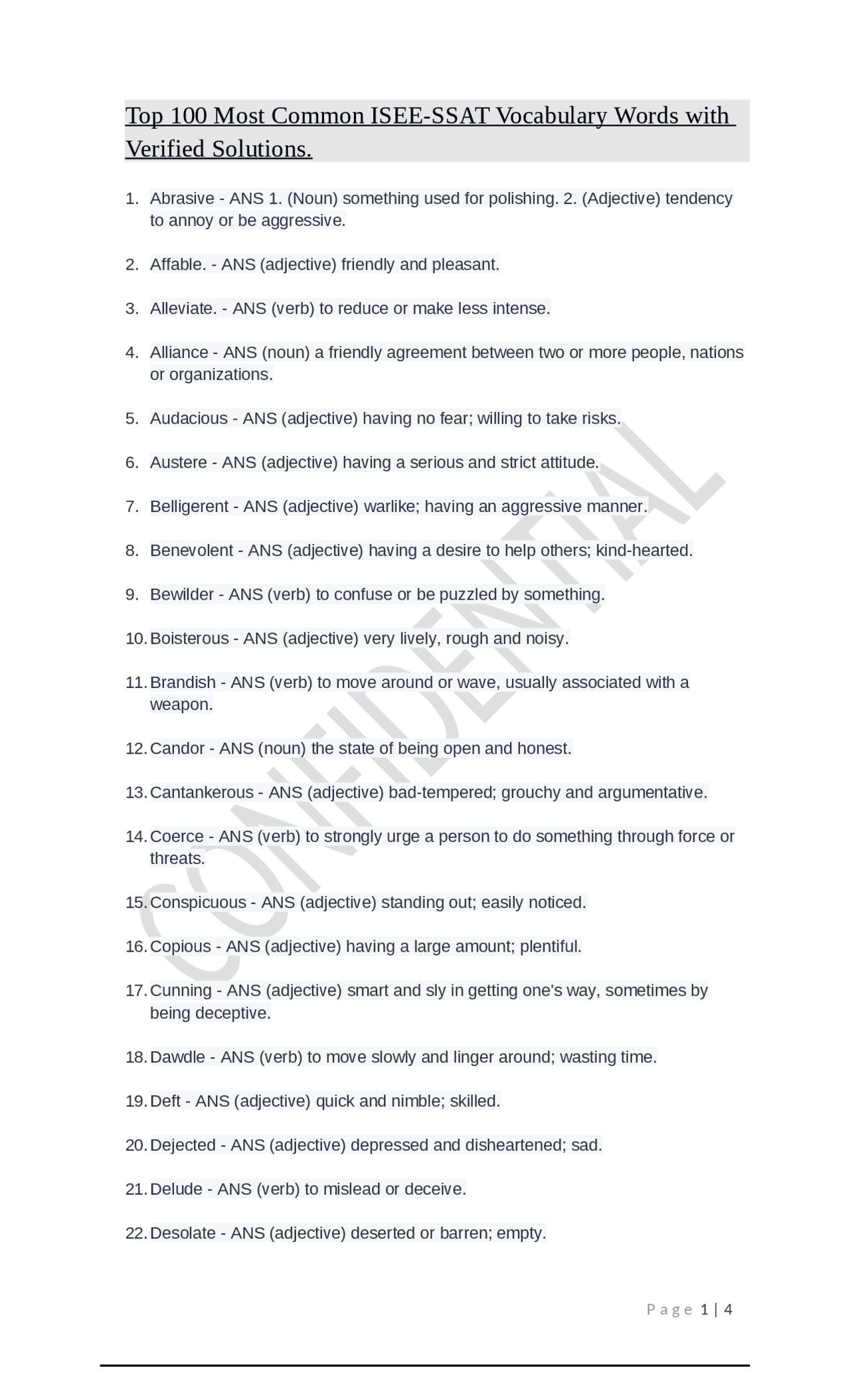 Top 100 Most Common ISEE-SSAT Vocabulary Words with Verified Solutions | Exams Literature | Docsity