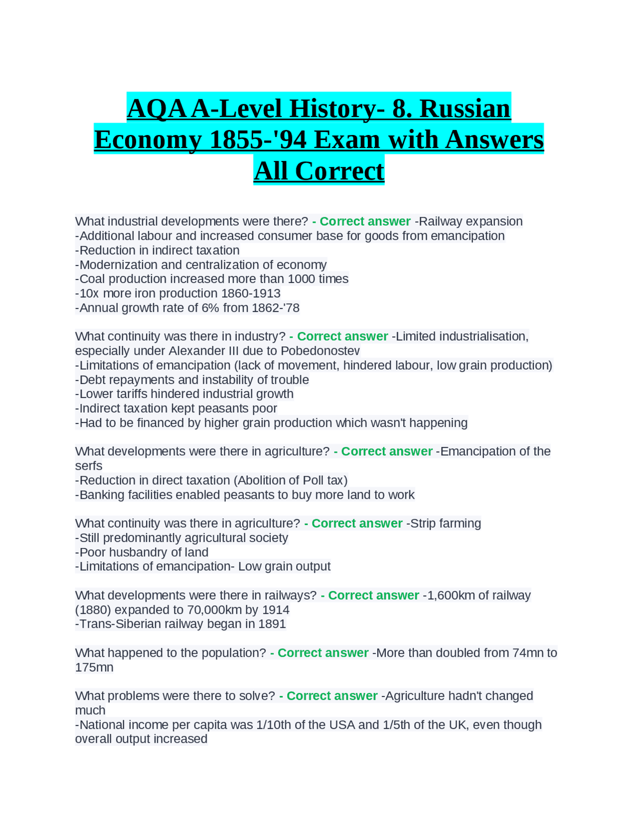 AQA A-Level History- 8. Russian Economy 1855-'94 Exam with Answers All ...