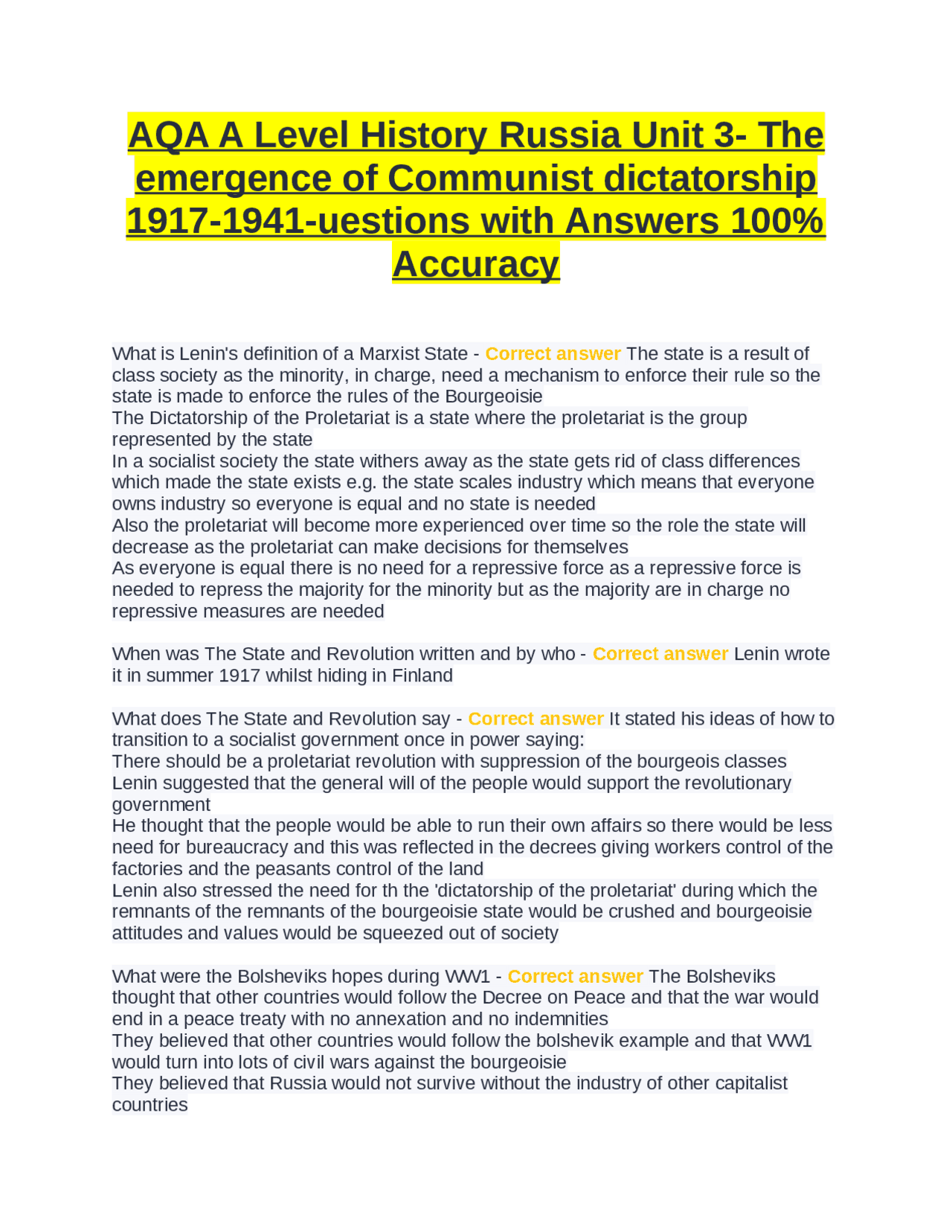AQA A Level History Russia Unit 3- The emergence of Communist ...