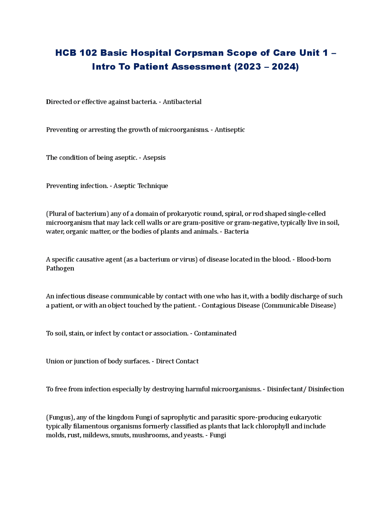 HCB 102 Basic Hospital Corpsman Scope of Care Unit 1 – Intro To Patient ...