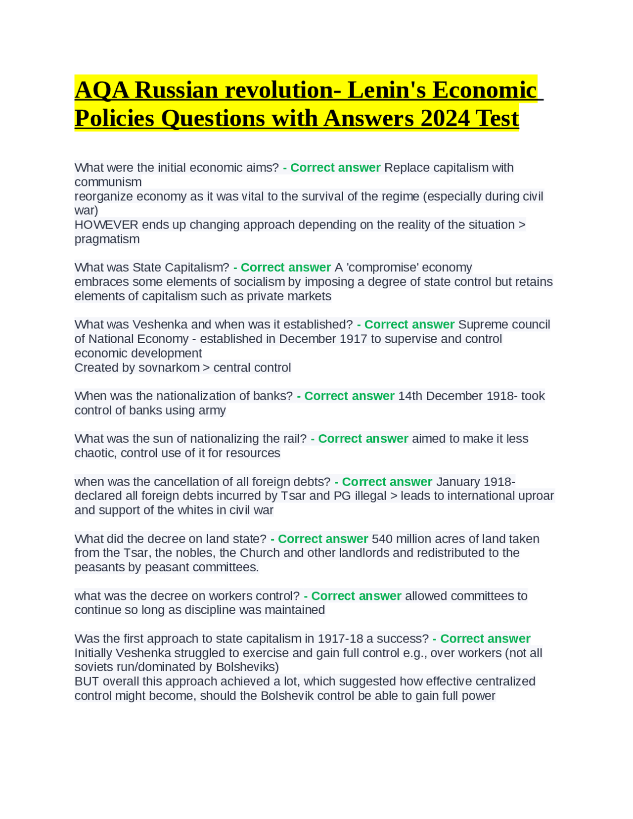 AQA Russian revolution- Lenin's Economic Policies Questions with ...