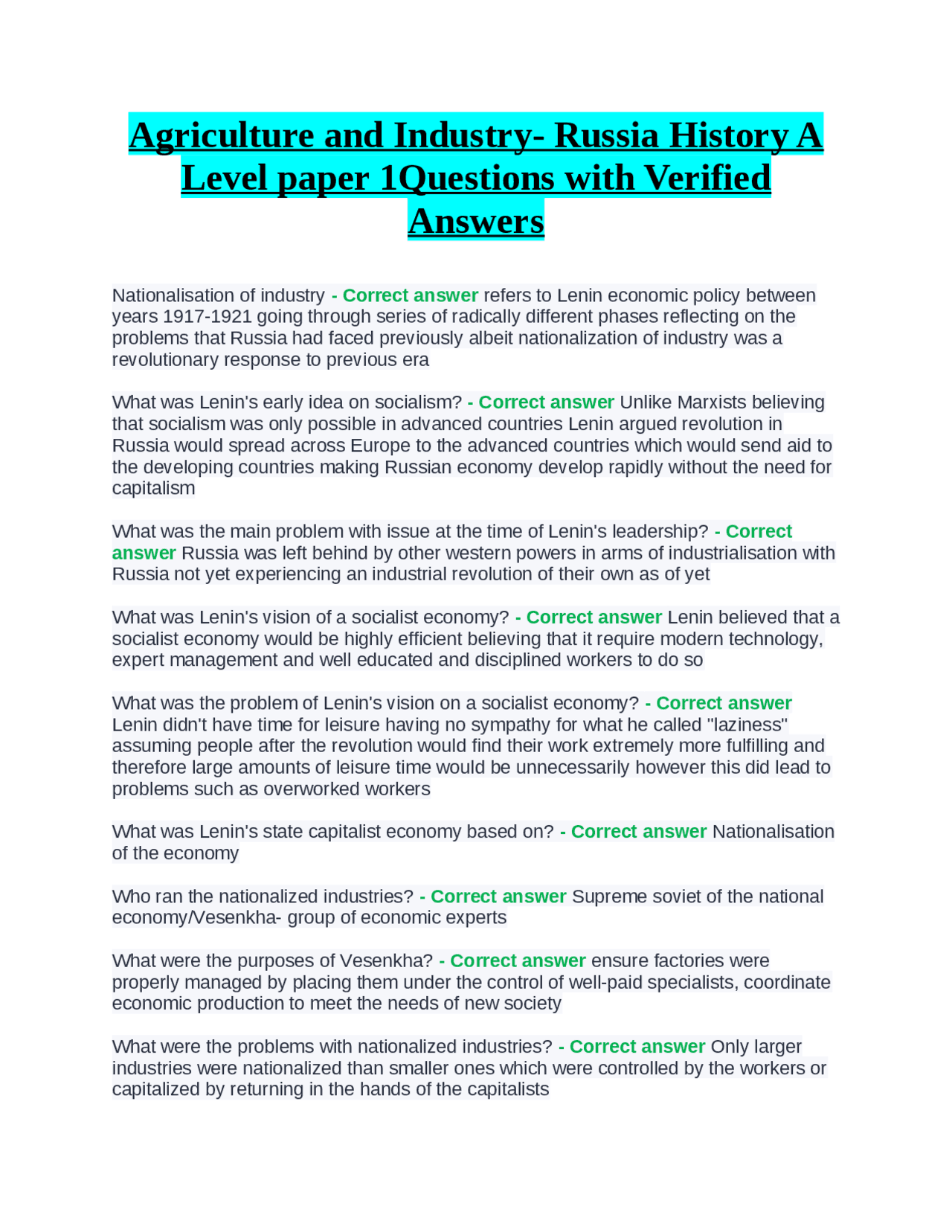 Agriculture And Industry Russia History A Level Paper 1questions With Verified Answers Exams 