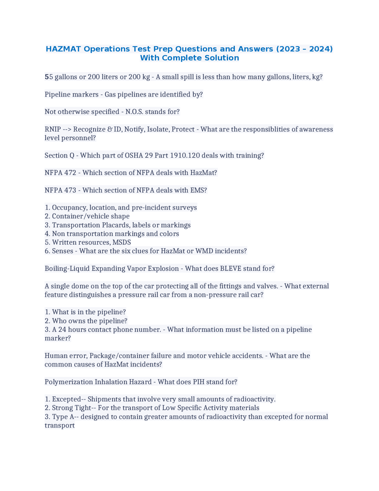 HAZMAT Operations Test Prep Questions and Answers (2023 – 2024) With ...