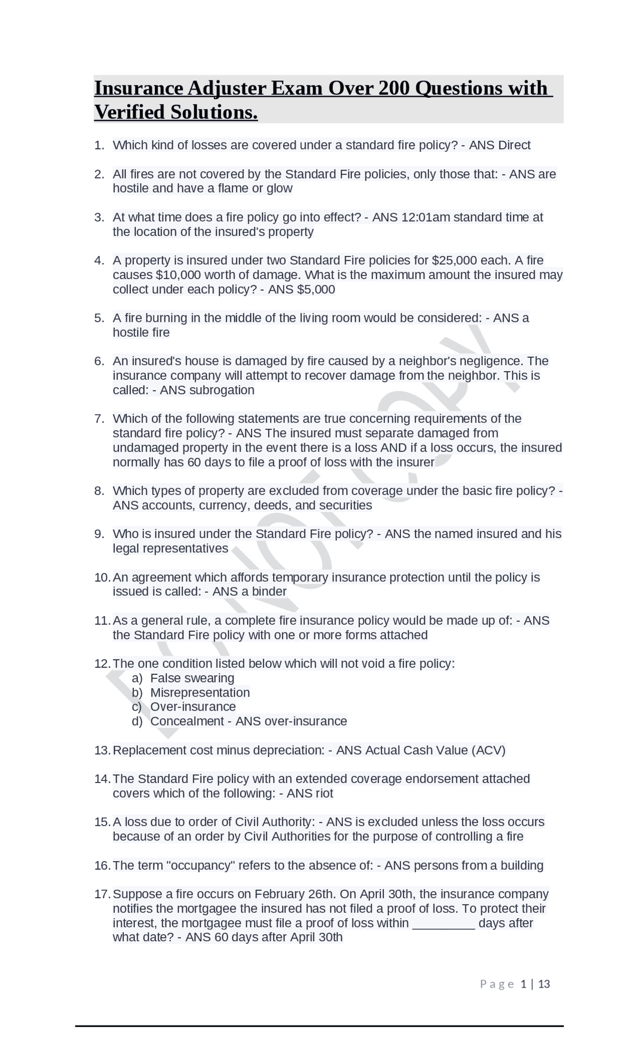 Insurance Adjuster Exam Over 200 Questions with Verified Solutions ...