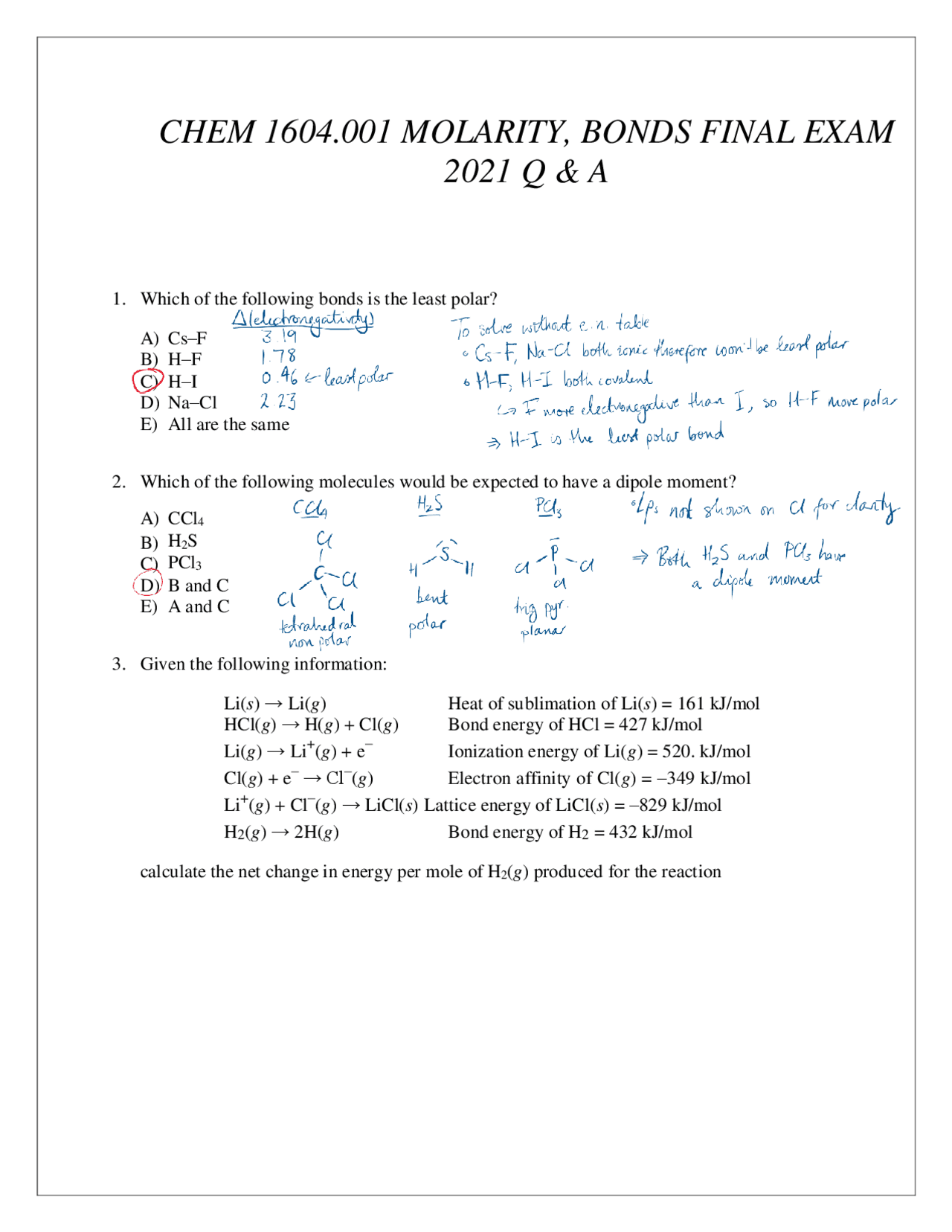 Molarity, Bonds, and Reactions Final Exam Questions and Answers for ...
