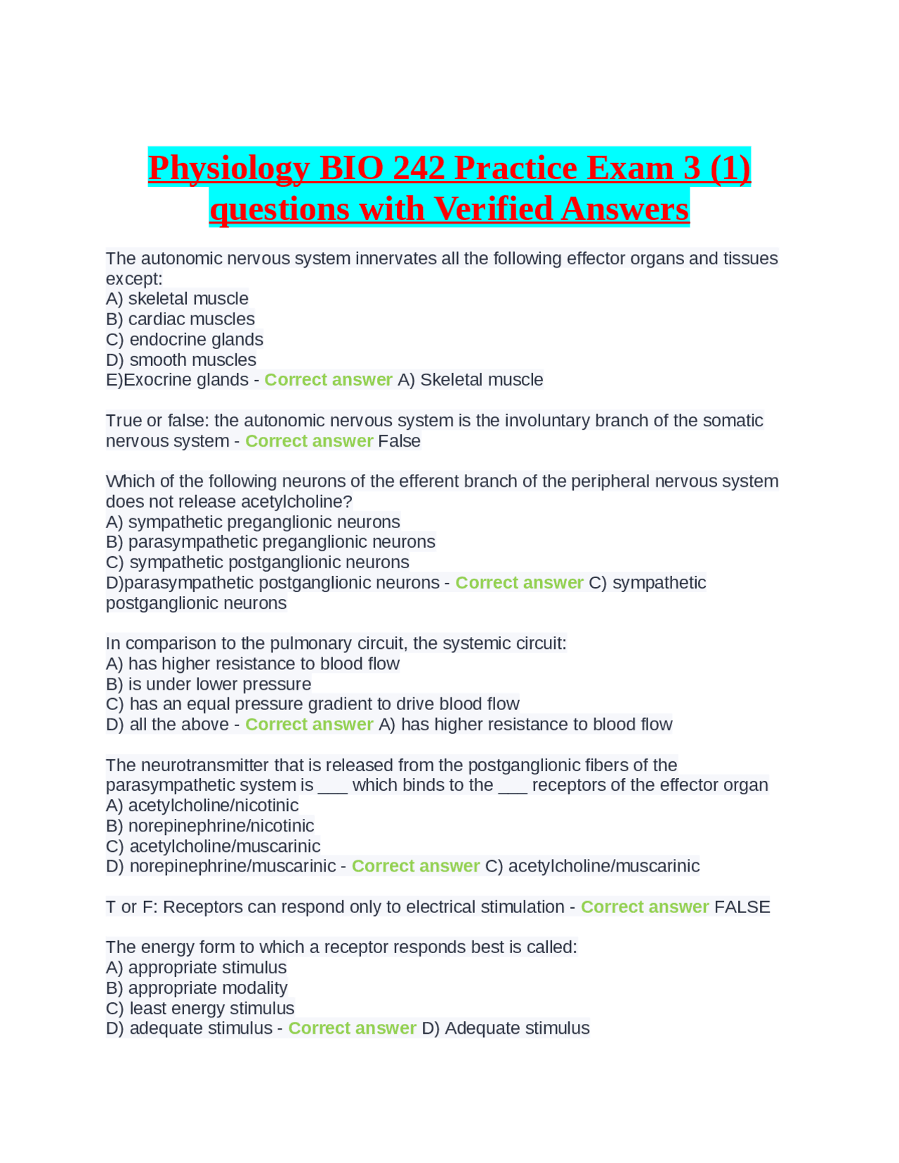Physiology BIO 242 Practice Exam 3: Answers and Explanations | Exams Physiology | Docsity