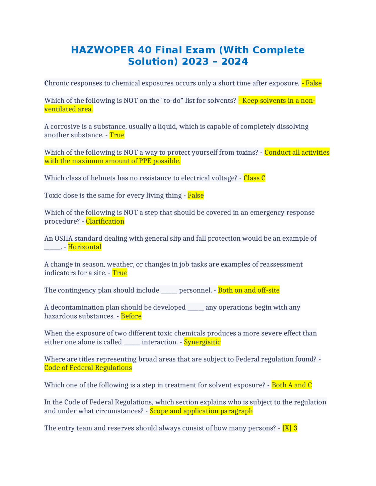 HAZWOPER 40 Final Exam (With Complete Solution) 2023 – 2024 | Exams Law ...