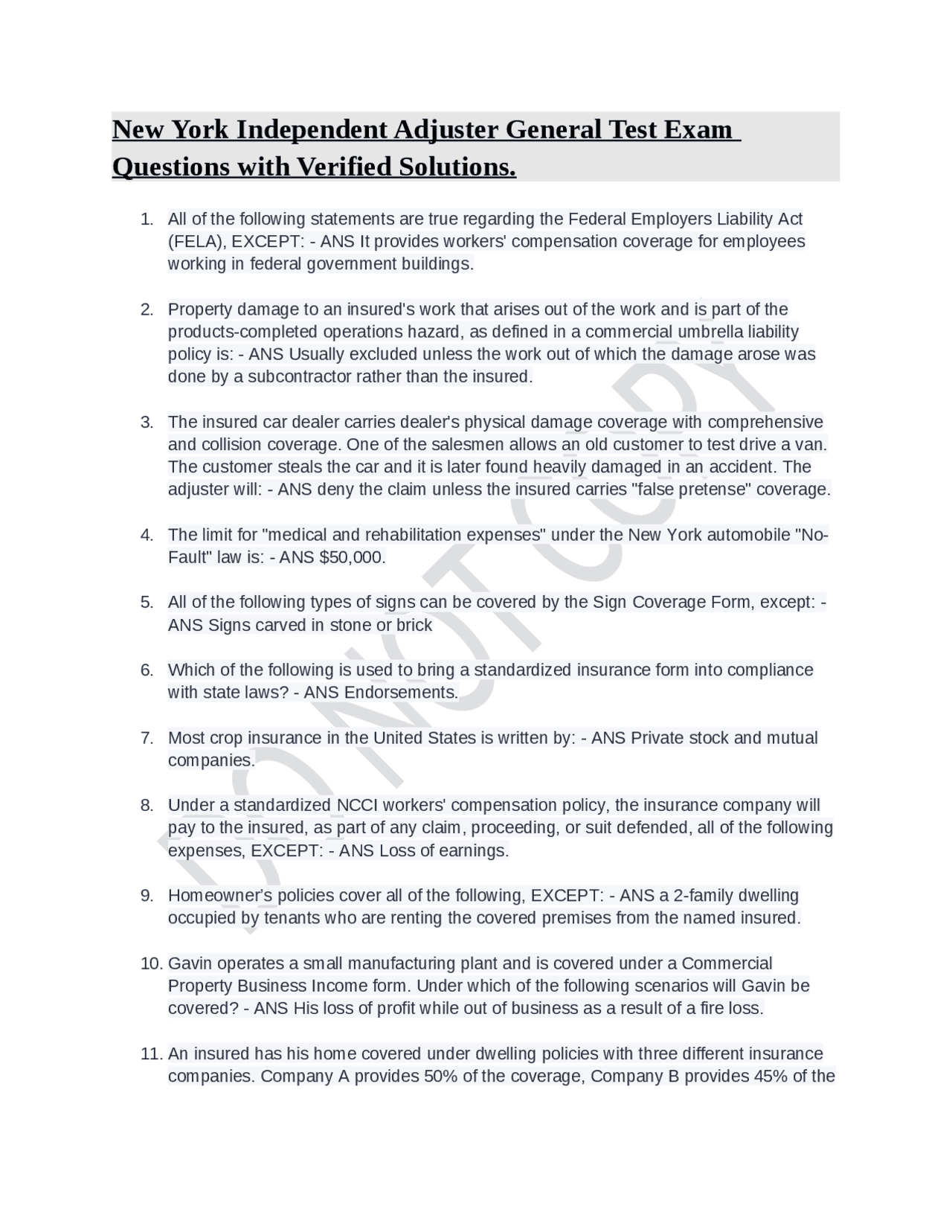 New York Independent Adjuster General Test Exam Questions with Verified ...