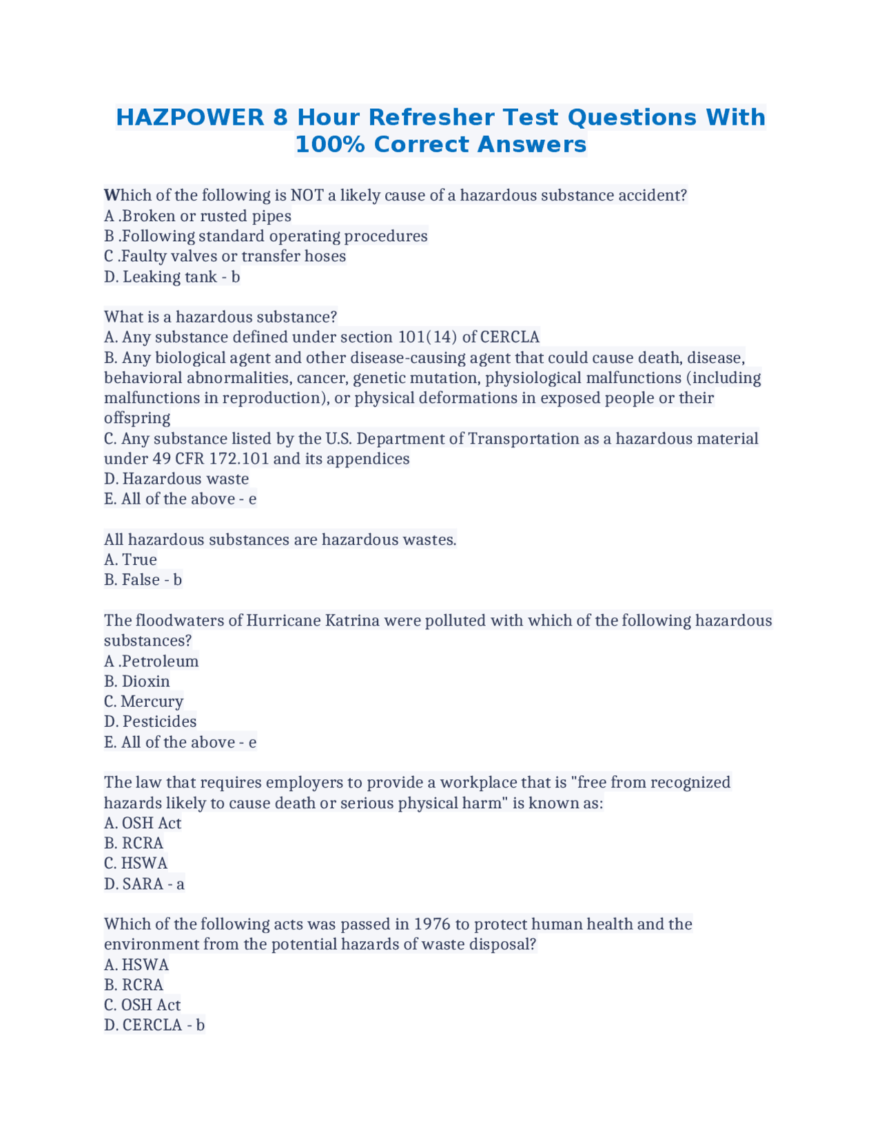 HAZPOWER 8 Hour Refresher Test Questions With 100% Correct Answers ...