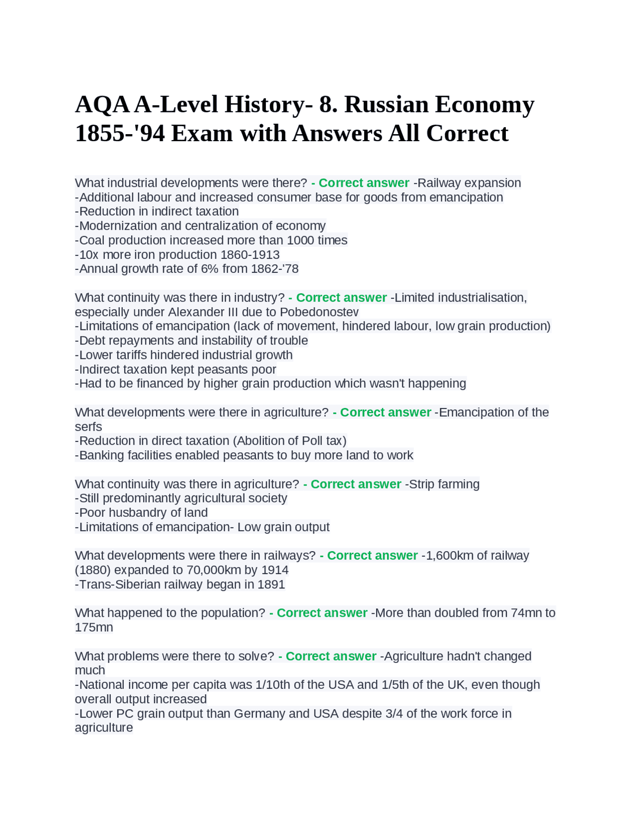 AQA A-Level History- 8. Russian Economy 1855-'94 Exam with Answers All ...