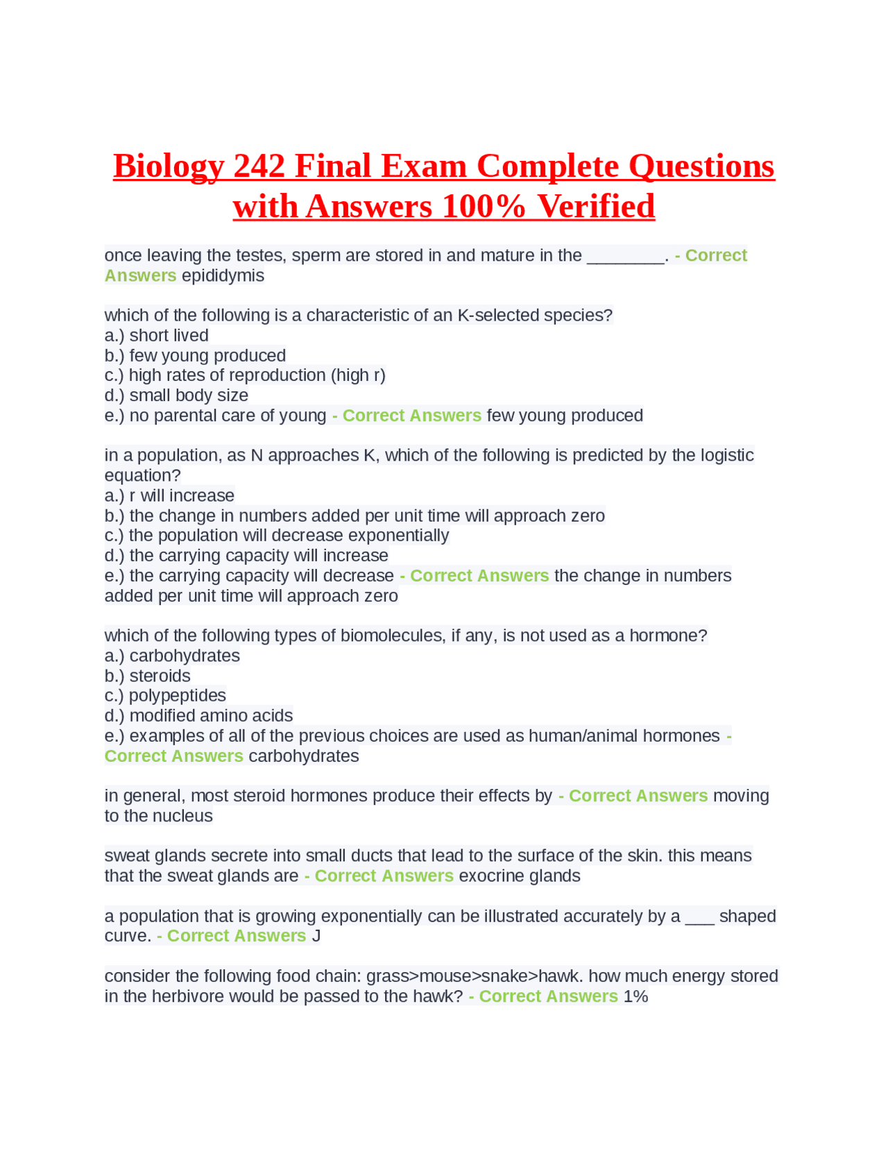 Biology 242 Final Exam Complete Questions with Answers 100% Verified ...