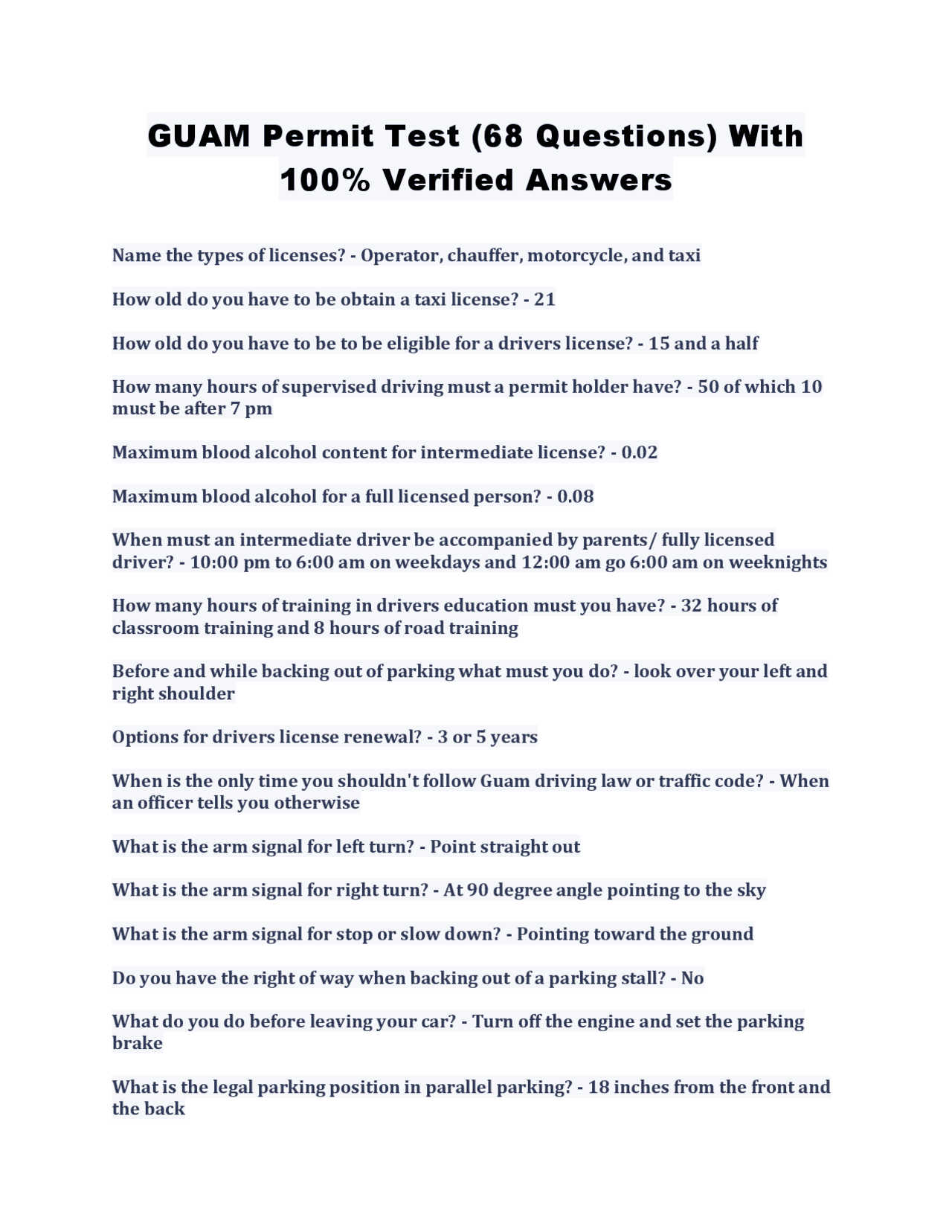 GUAM Permit Test (68 Questions) With 100% Verified Answers | Exams ...