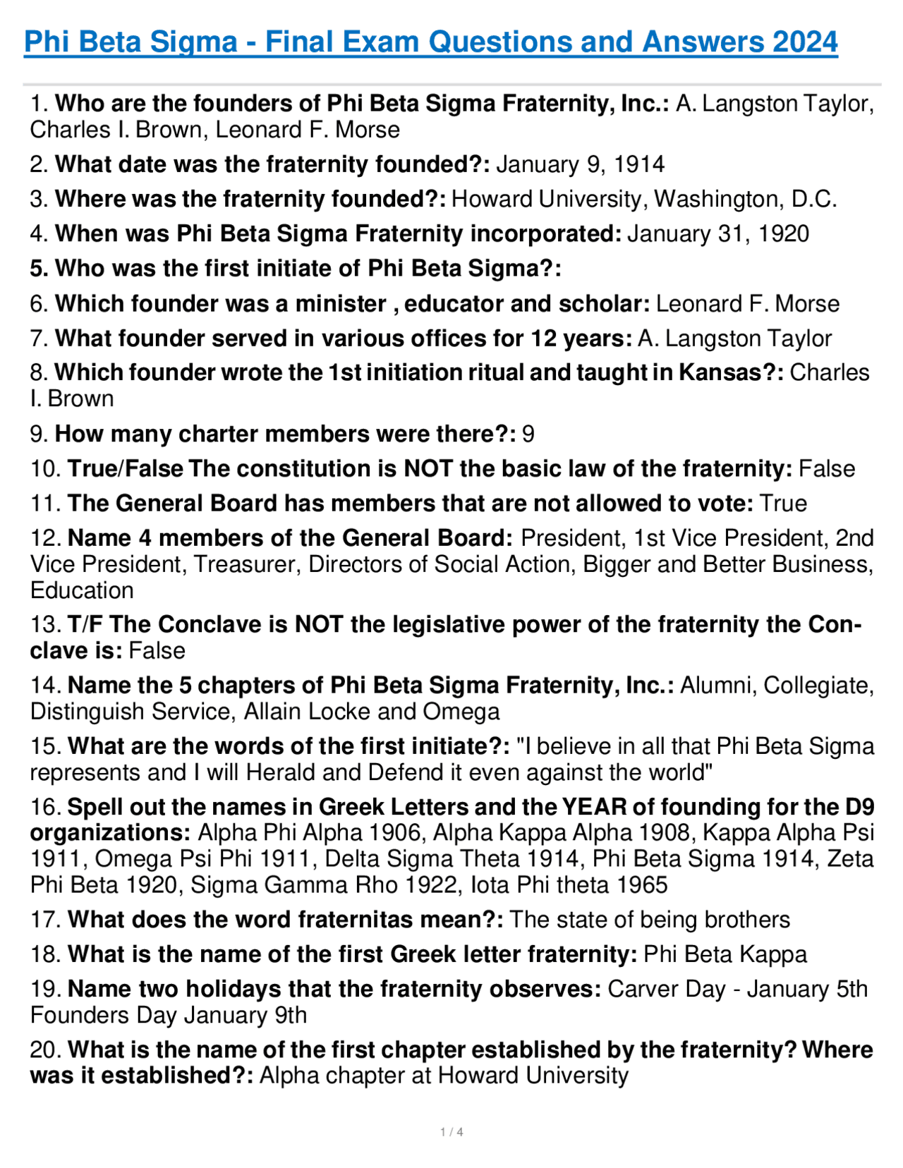 Phi Beta Sigma Fraternity Exam Questions and Answers 2024 | Exams ...