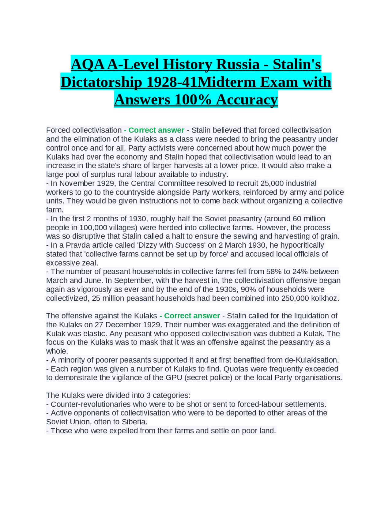 AQA A-Level History Russia - Stalin's Dictatorship 1928-41Midterm Exam ...