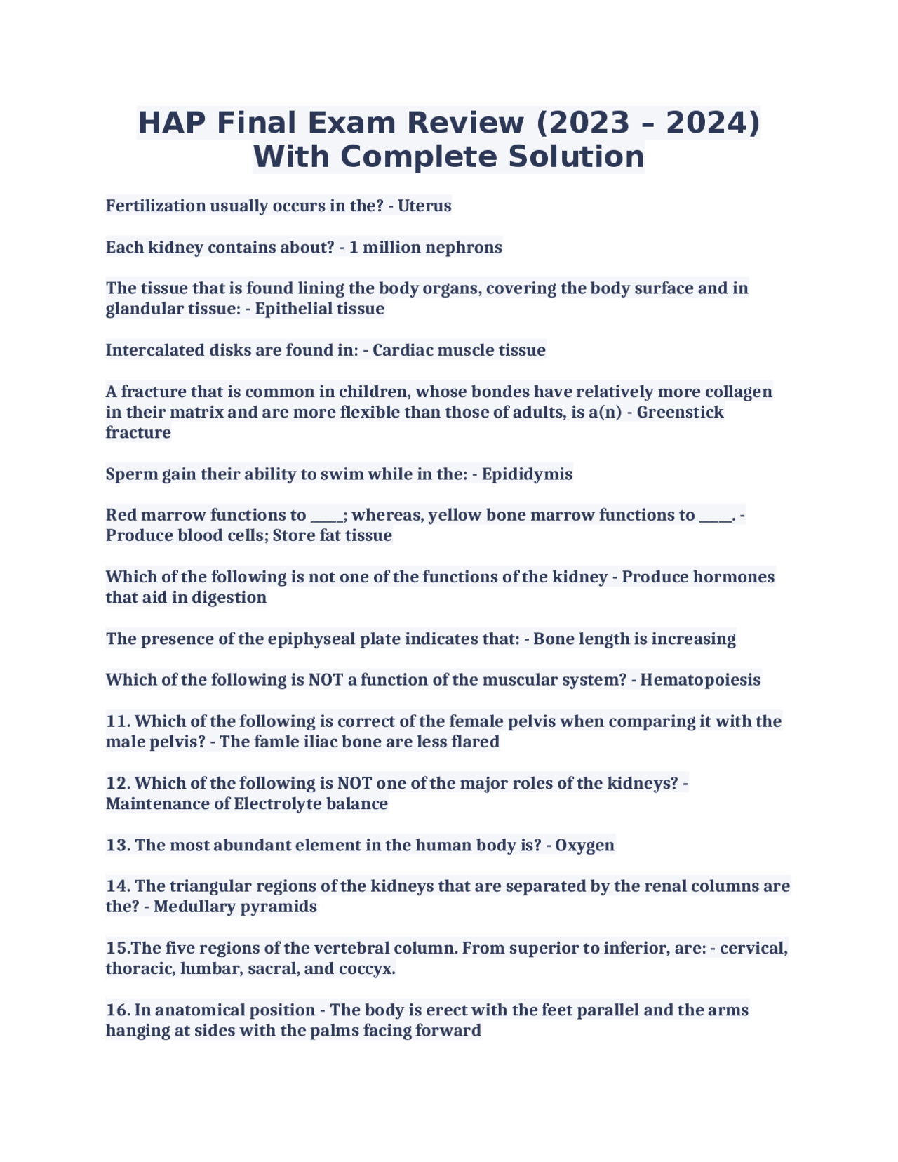 HAP Final Exam Review (2023 – 2024) With Complete Solution | Exams Nursing | Docsity