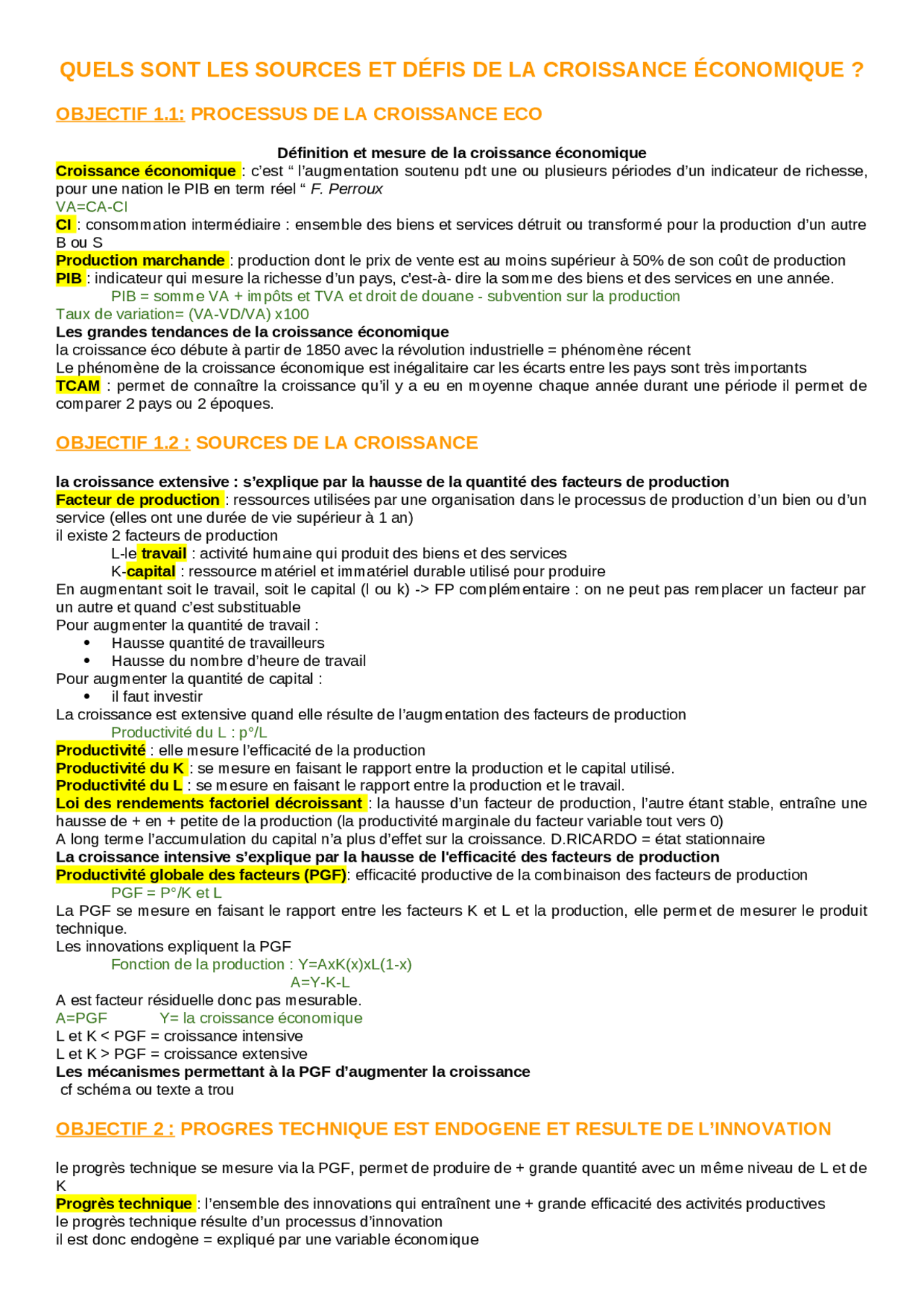 fiche la croissance économique SES | Schémas Sciences économiques et sociales (SES) | Docsity