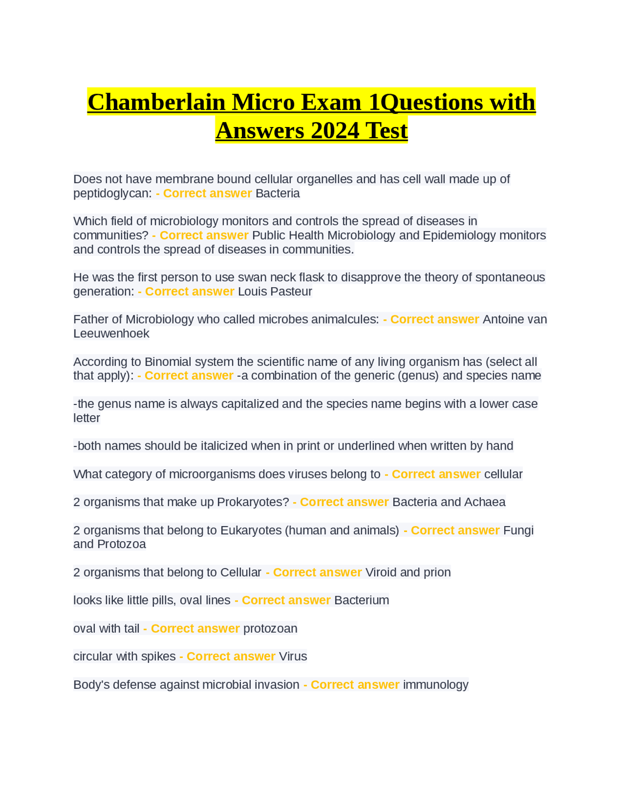 Chamberlain Micro Exam 1Questions with Answers 2024 Test | Exams ...