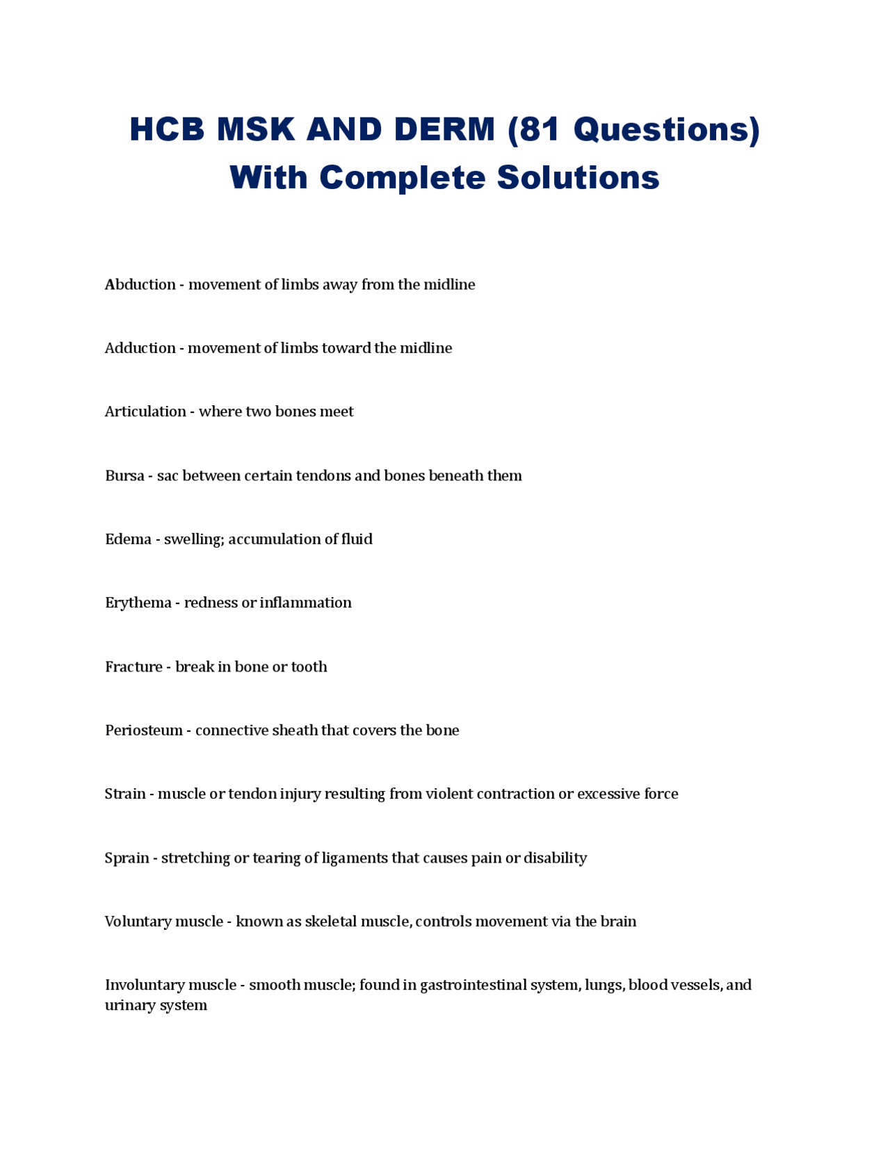 HCB MSK AND DERM (81 Questions) With Complete Solutions | Exams Health ...
