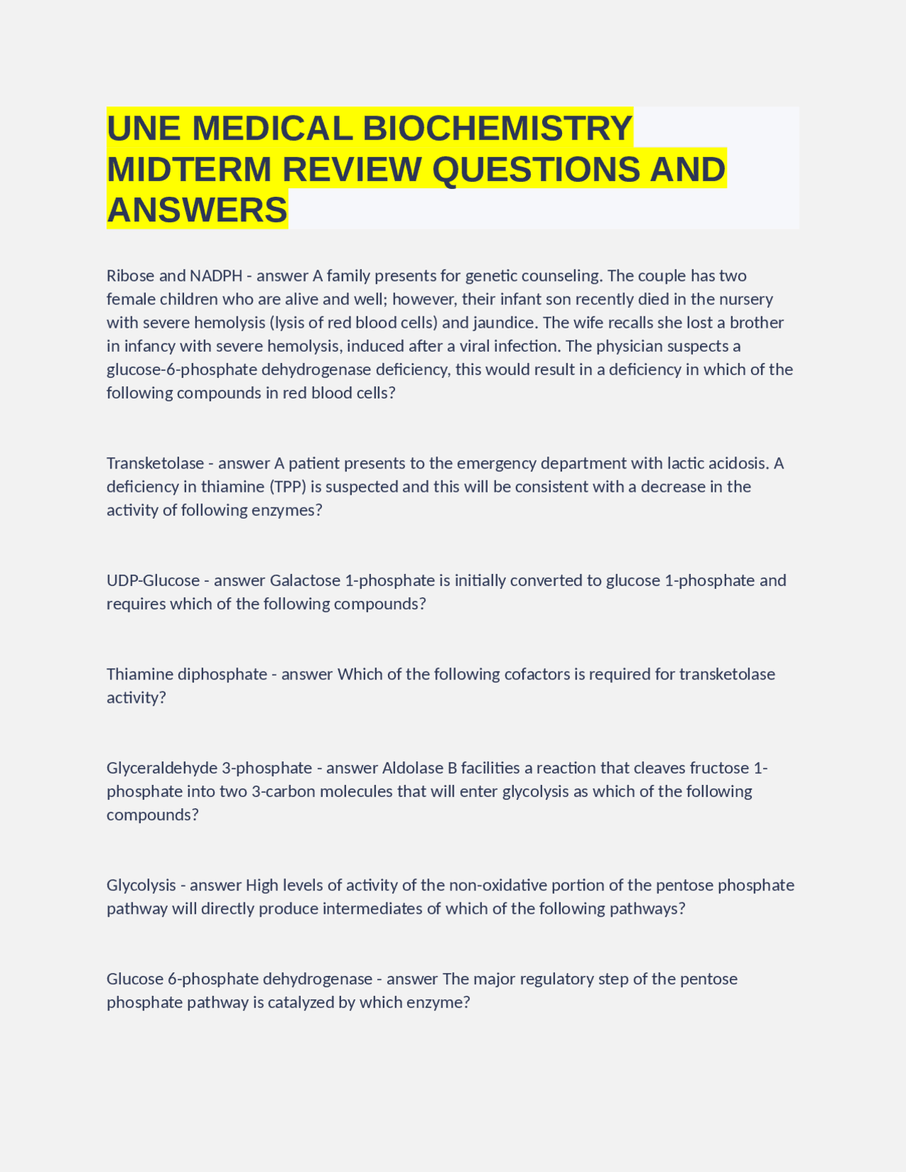 UNE MEDICAL BIOCHEMISTRY MIDTERM REVIEW QUESTIONS AND ANSWERS | Exams ...