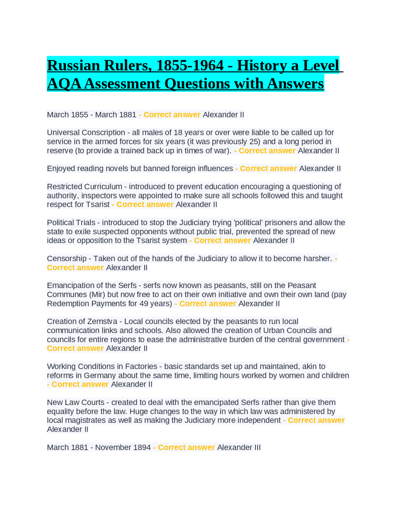 Russian Rulers, 1855-1964 - History a Level AQA Assessment Questions ...