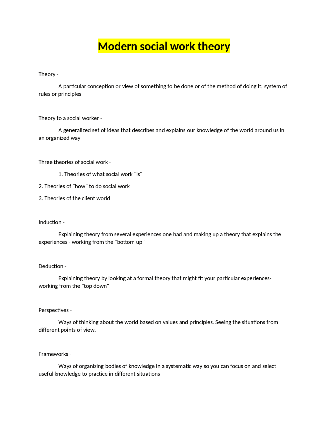 Modern social work theory | Exams Social Work | Docsity