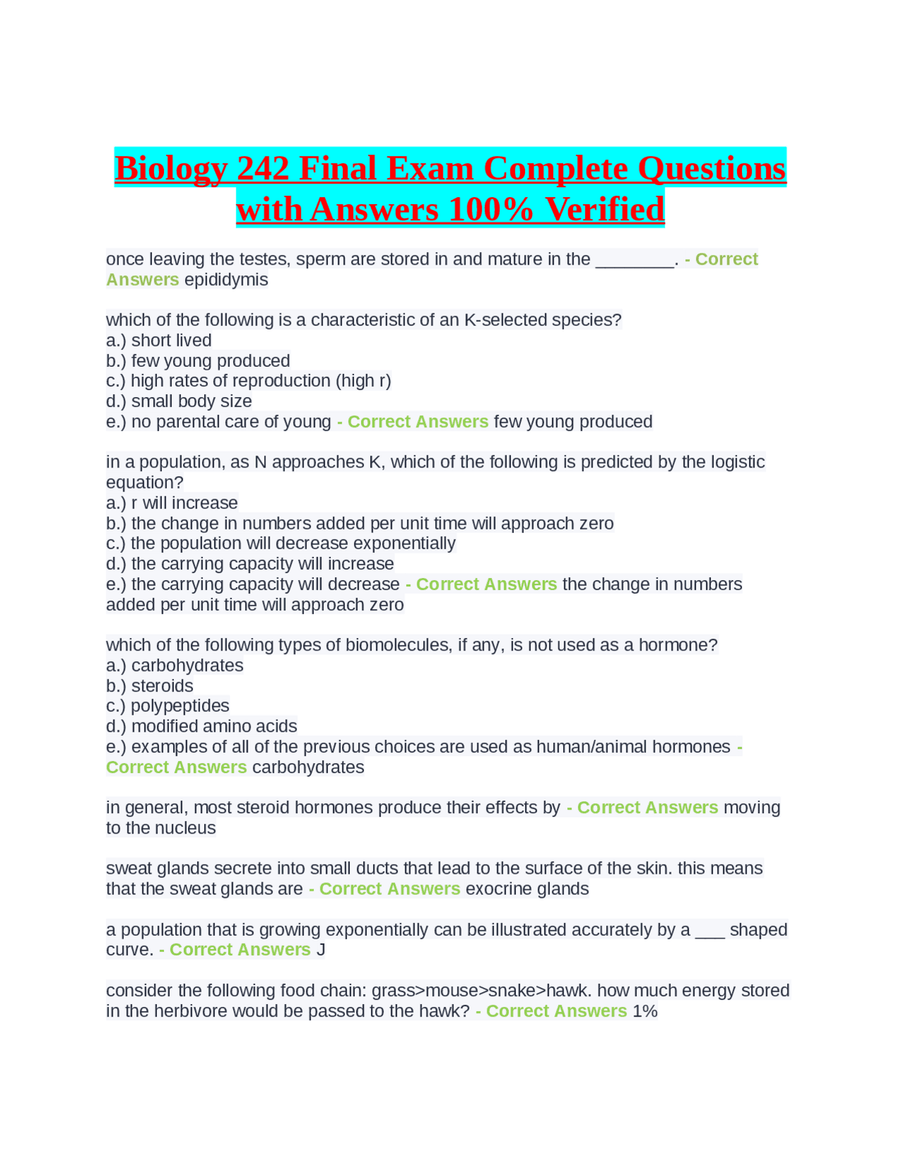 Biology 242 Final Exam Complete Questions with Answers 100% Verified ...