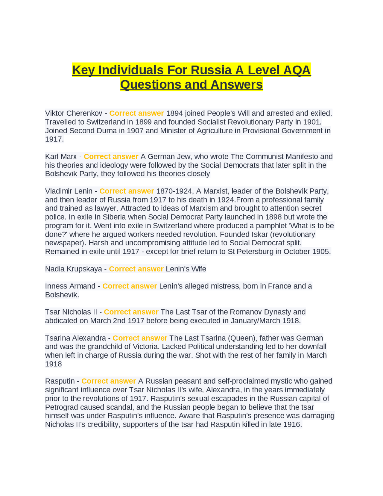 Key Individuals For Russia A Level AQA Questions and Answers | Exams ...