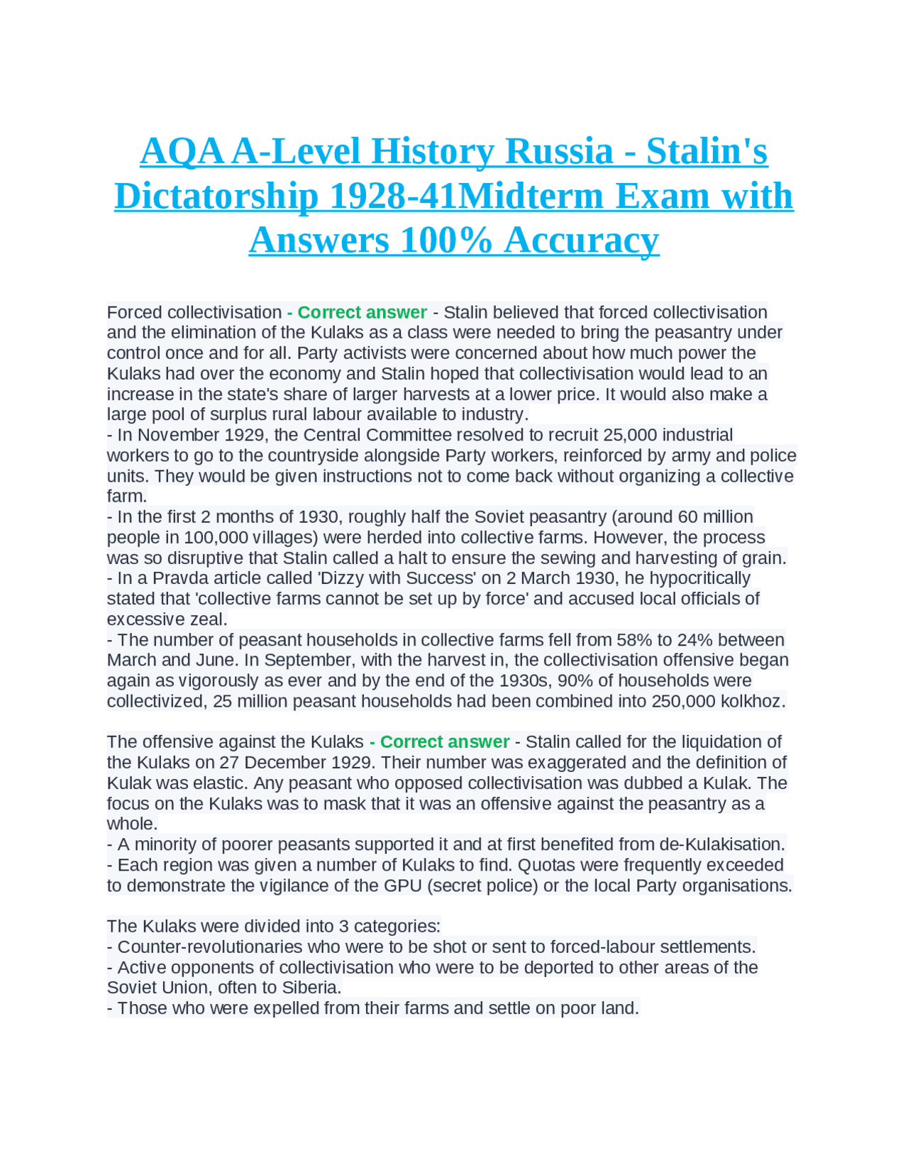 AQA A-Level History Russia - Stalin's Dictatorship 1928-41Midterm Exam ...