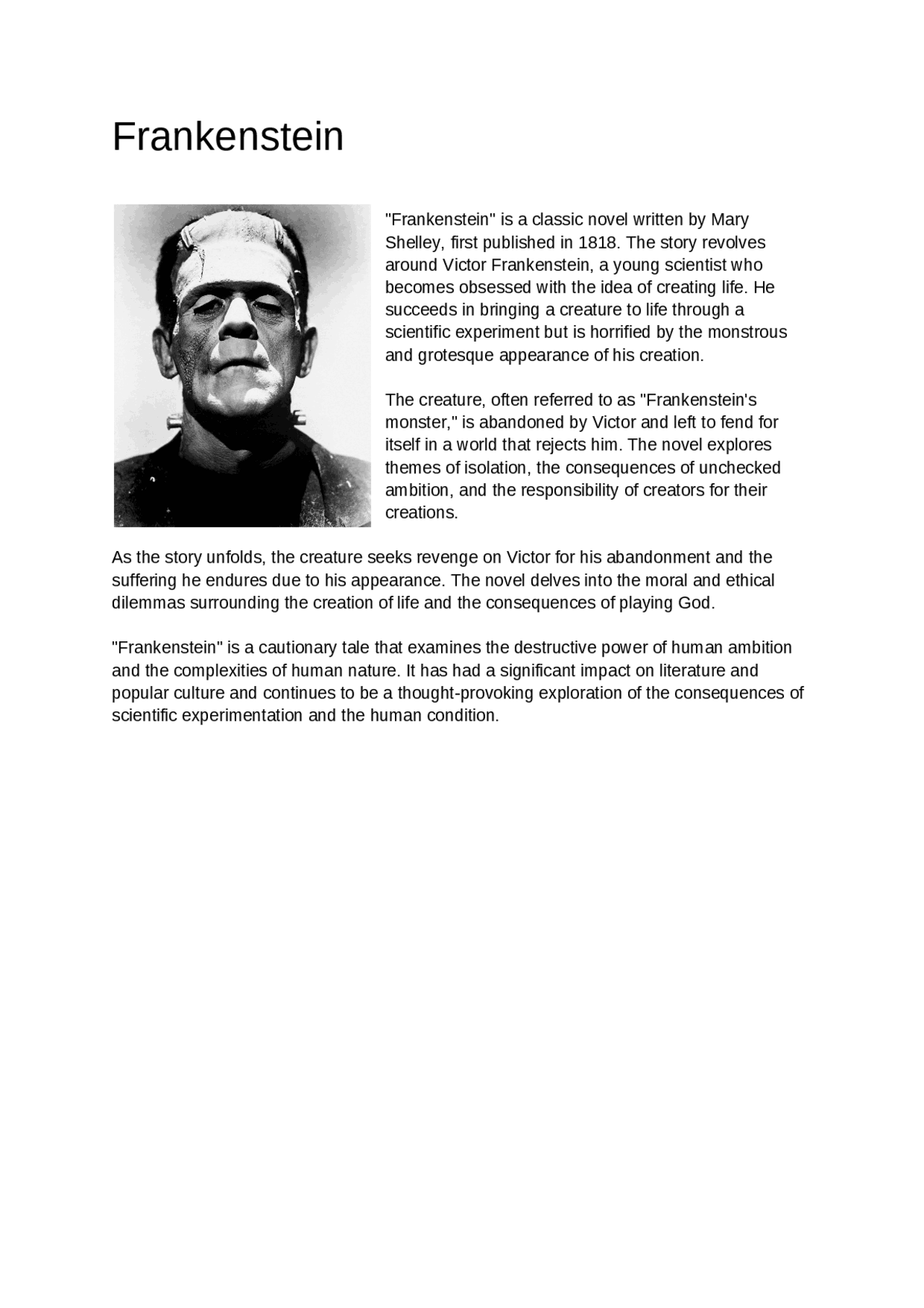 Frankenstein brevi appunti | Appunti di Inglese | Docsity