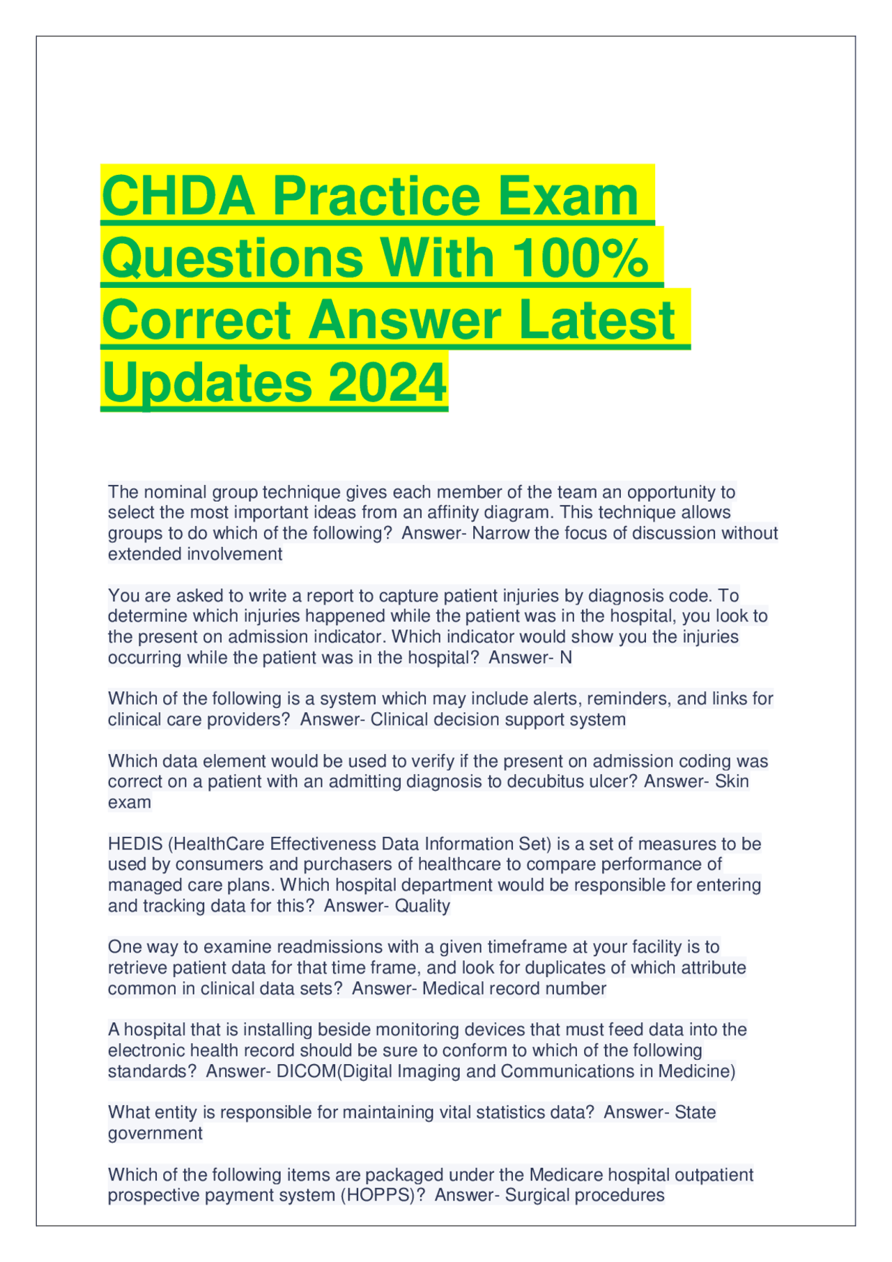 CHDA Practice Exam Questions With 100% Correct Answer Latest Updates ...