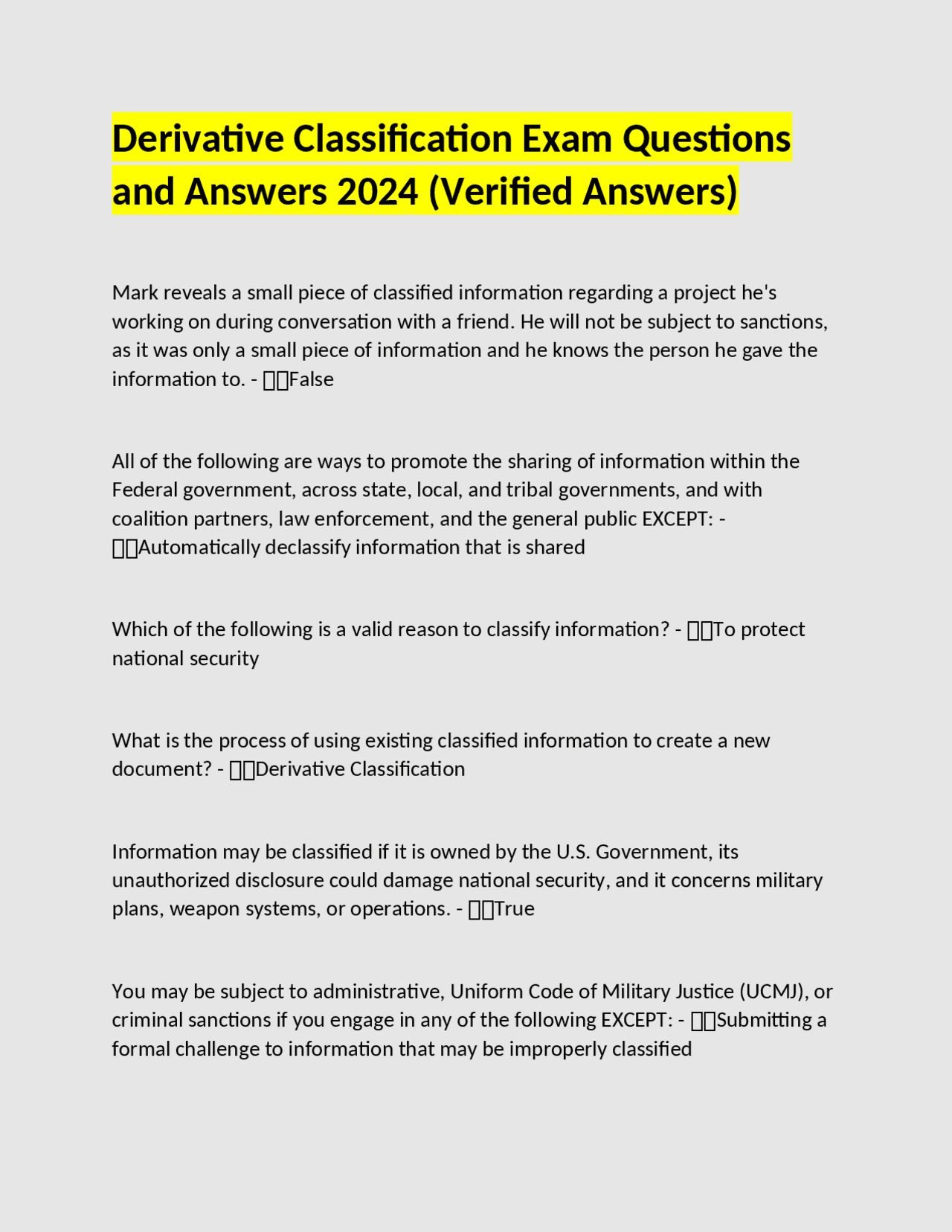 Derivative Classification Exam Questions and Answers 2024 (Verified ...