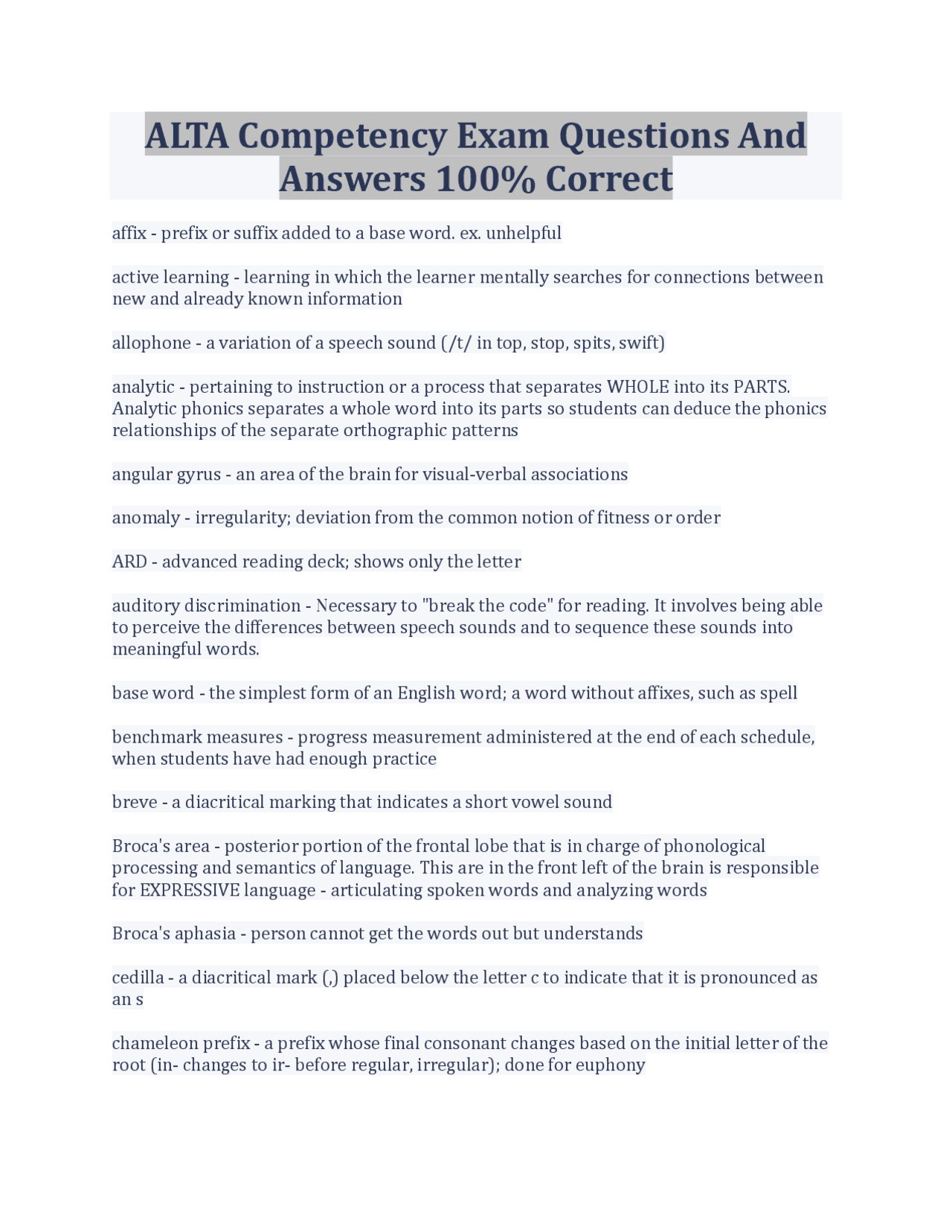 ALTA Competency Exam Questions And Answers 100% Correct | Exams Health ...