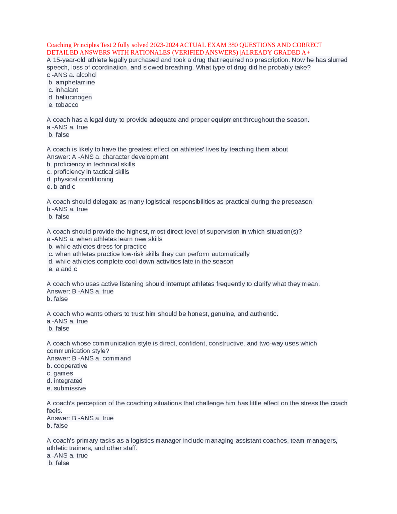 Coaching Principles Test 2: Detailed Answers and Rationales | Exams ...